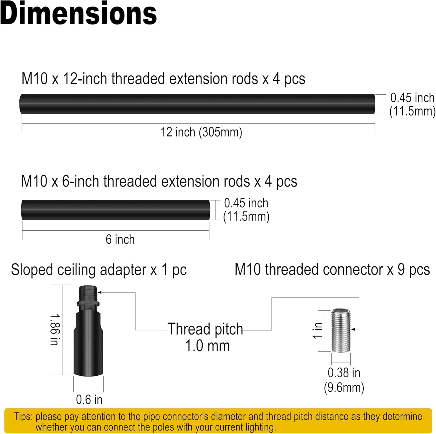 YUYAN-8 Pieces M10 Threaded Extension Poles Lighting Fixture Downrods Stems & 180 Degrees Sloped ...