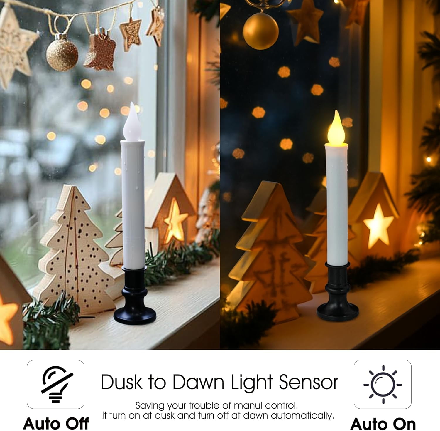 YUYAN-9.3Inches LED Window Candles Dusk to Dawn Light Sensor Timer ...