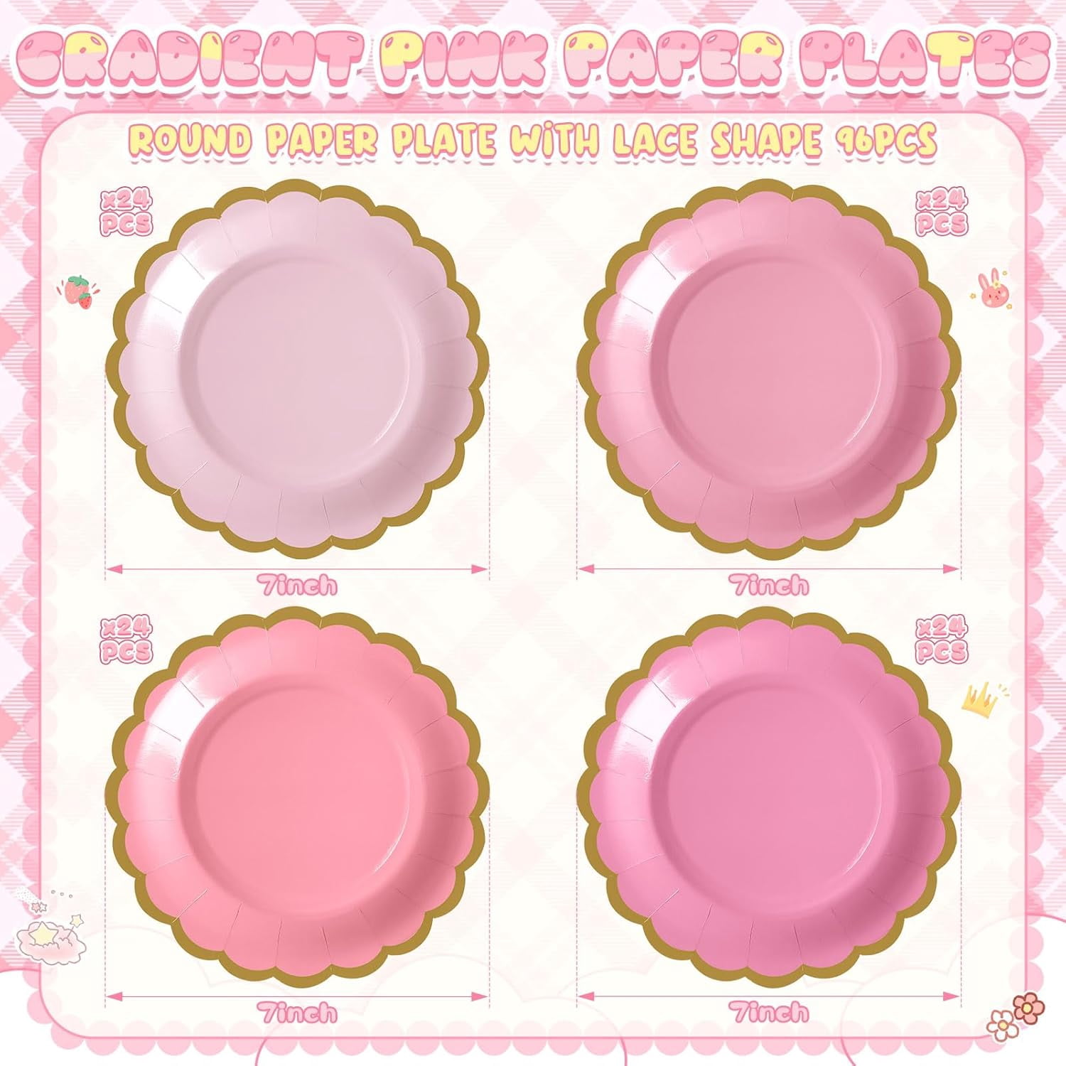 YUYAN-96 Pcs Gradient Pink Paper Plates 7 Inch Scalloped Disposable ...