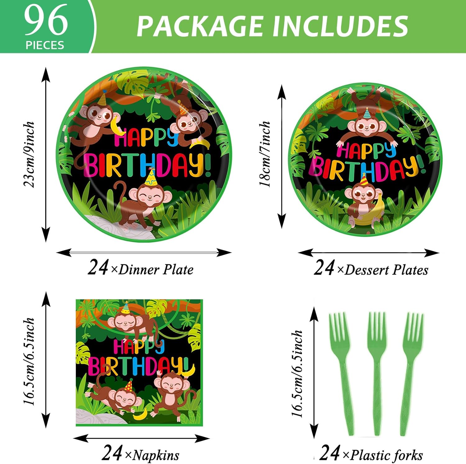 YUYAN-96 Pcs Monkey Birthday Party Supplies Jungle Monkey Birthday ...