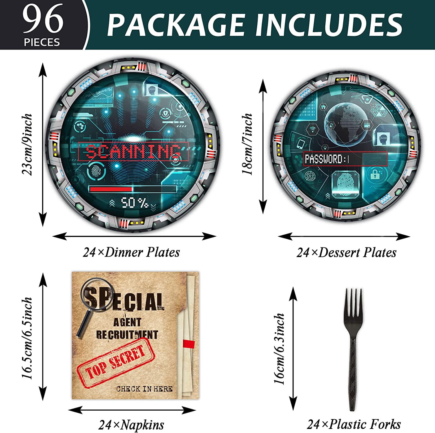 YUYAN-96 Pcs Secret Agent Birthday Party Paper Plate and Napkin Top ...