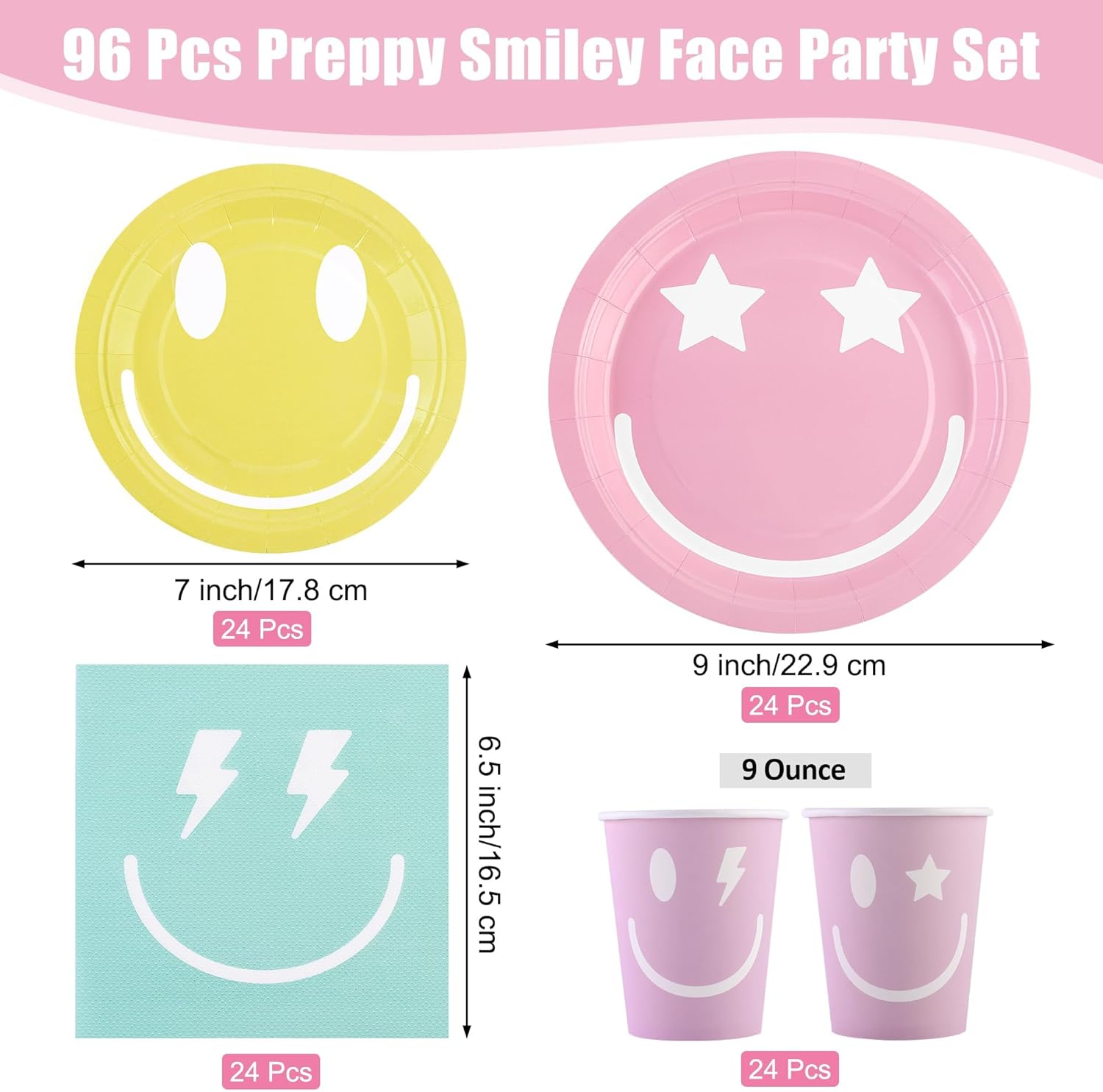 YUYAN-96 Piece Preppy Smiley Face Party Paper Plates Preppy Smile Face ...