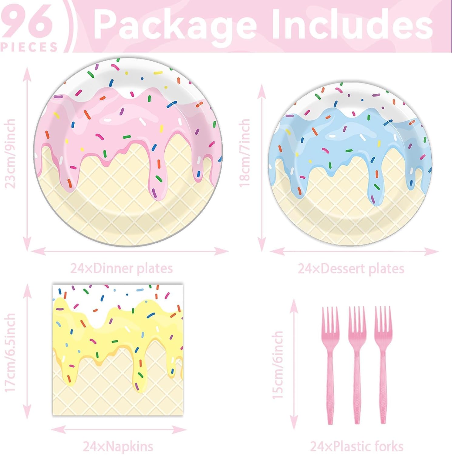 YUYAN-96PCS Ice Cream Party Decorations Ice Cream Theme Plates for ...