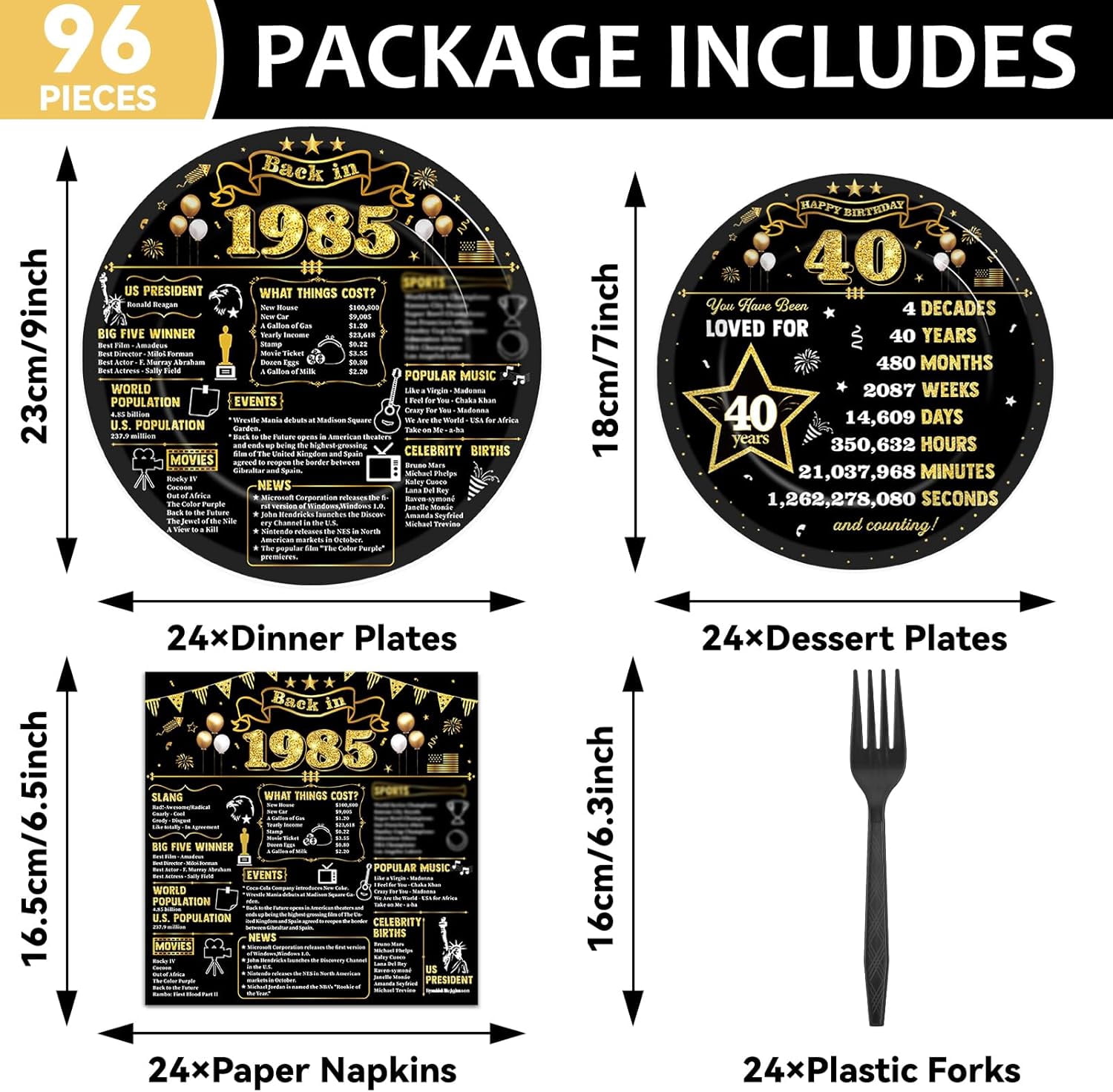 YUYAN-96Pcs 40th Birthday Plates and Napkins Back in 1985 Party ...