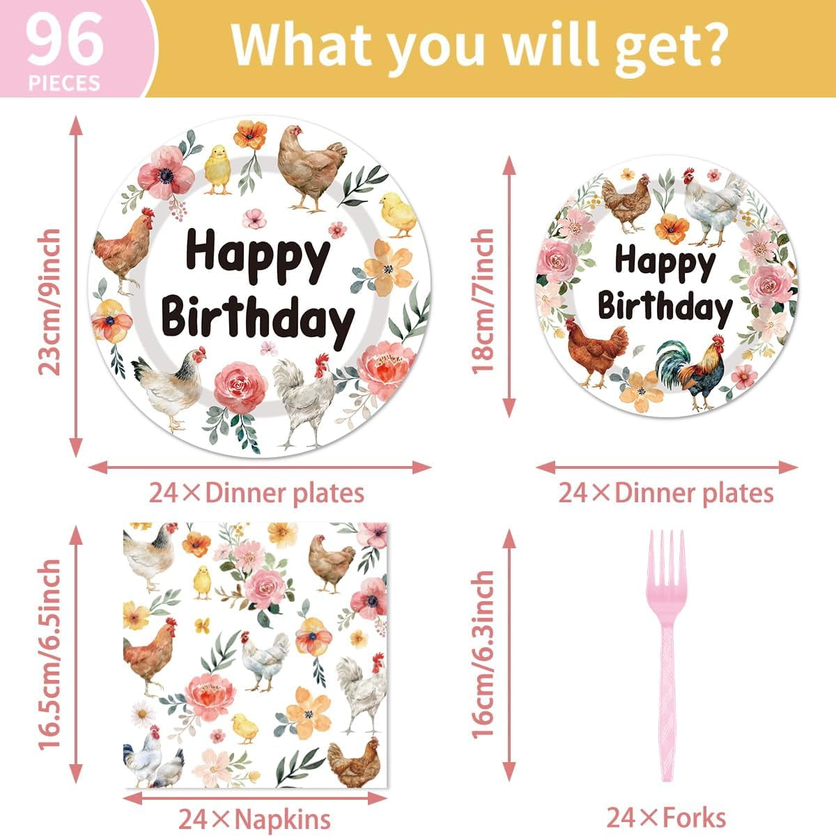 YUYAN-96Pcs Chicken Birthday Party Decorations Disposable Tableware Set ...