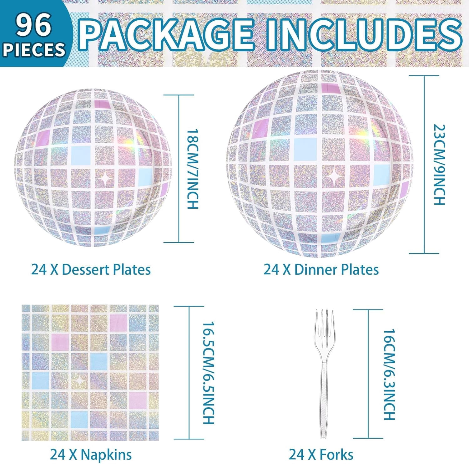 YUYAN-96Pcs Disco Party Supplies Pink Pastel Silver Disco Ball Plates ...