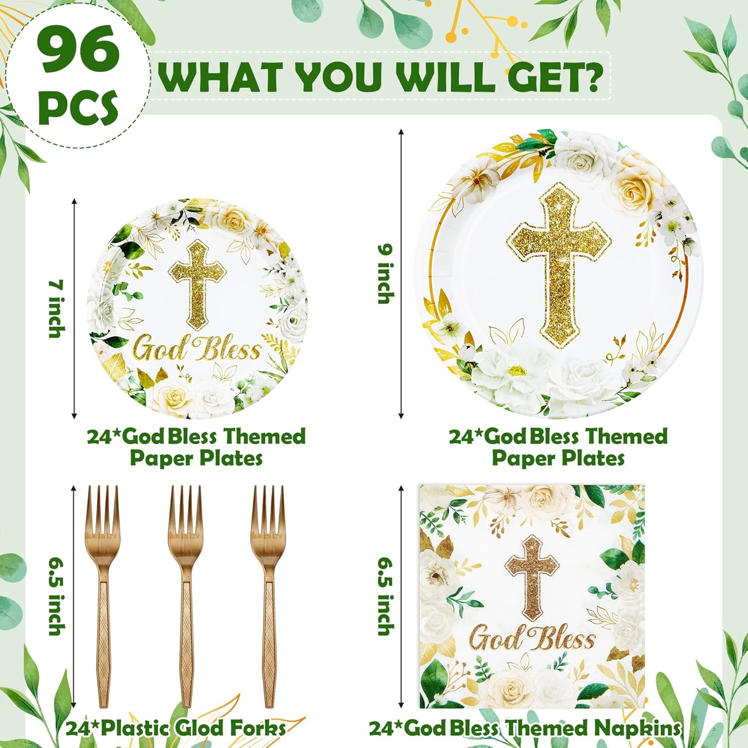 YUYAN-96Pcs God Bless Flower Party Plates Supplies - First Holy ...