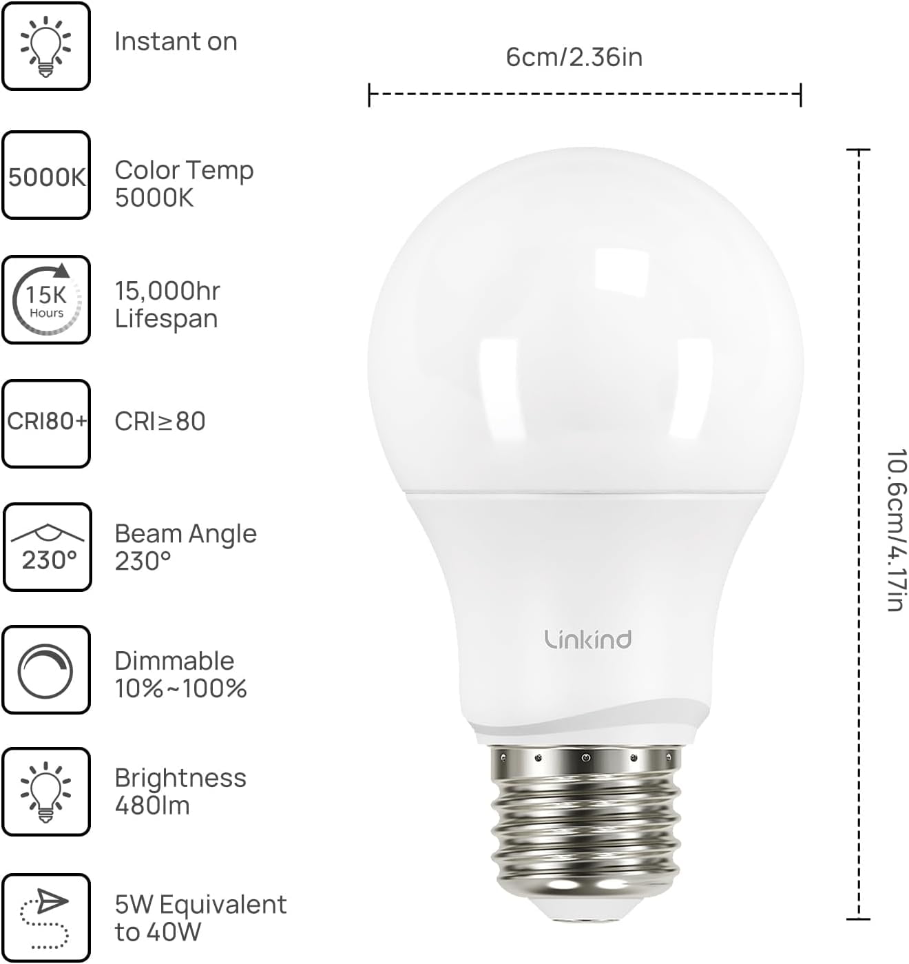 YUYAN-A19 LED Light Bulbs Dimmable, 40W Equivalent, E26 Base, 5000K ...