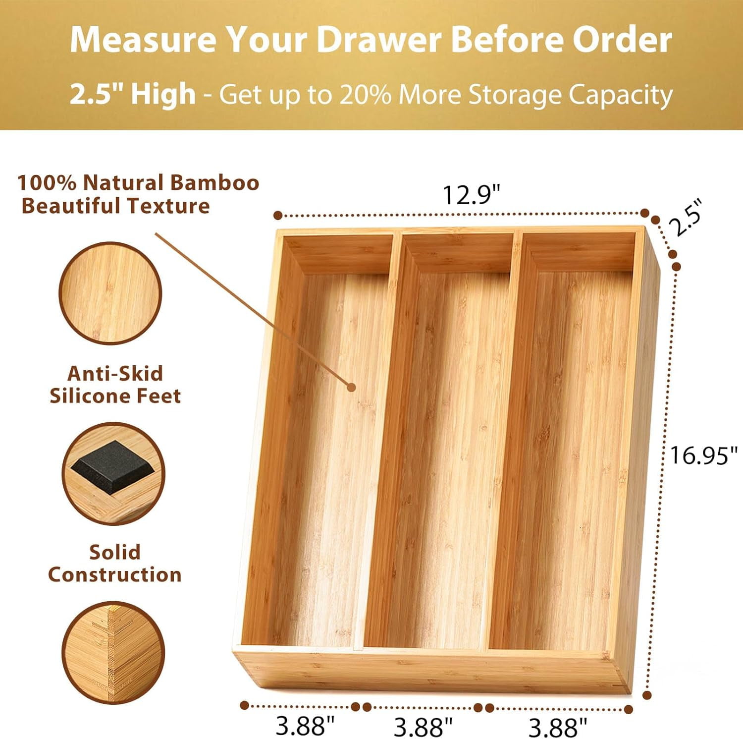YUYAN-Bamboo Kitchen Utensils Organizer, 13 Inch Drawer Dividers for ...