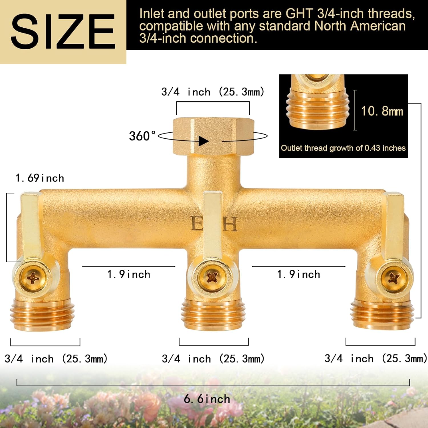 YUYAN-Brass Garden Hose Splitter, 3 Way Outdoor Faucet Splitter, 3 Long ...