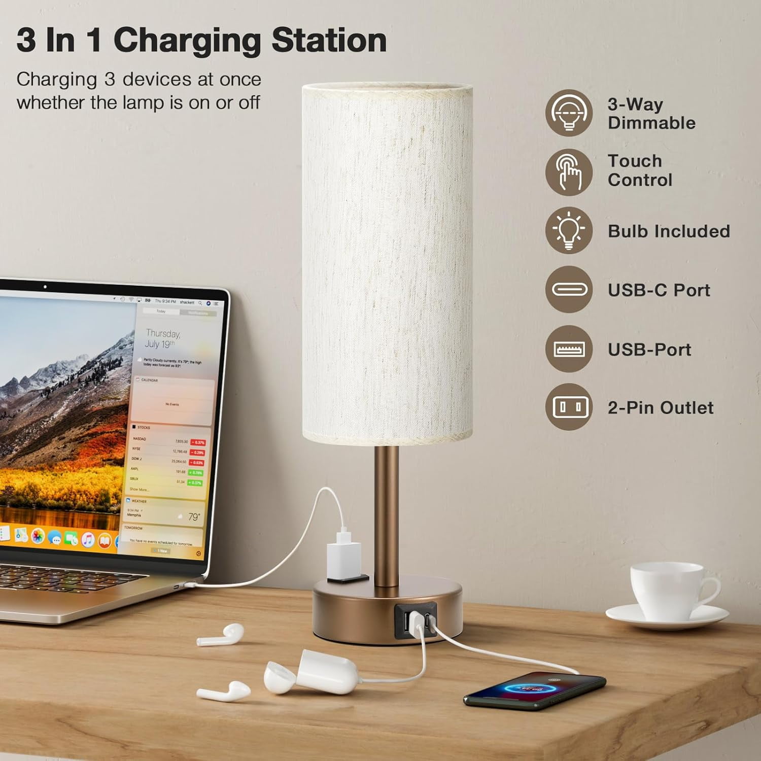 YUYAN-Brown Bedside Table Lamp for Bedroom - 3 Way Dimmable Touch Lamp ...