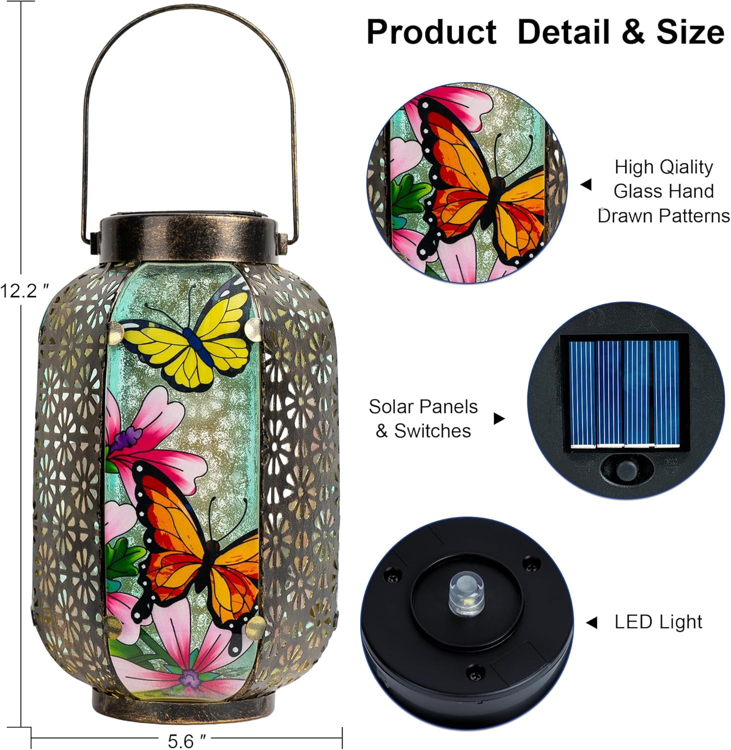 YUYAN-Butterflies Solar Lantern Stained Glass & Metal Outdoor Lantern ...