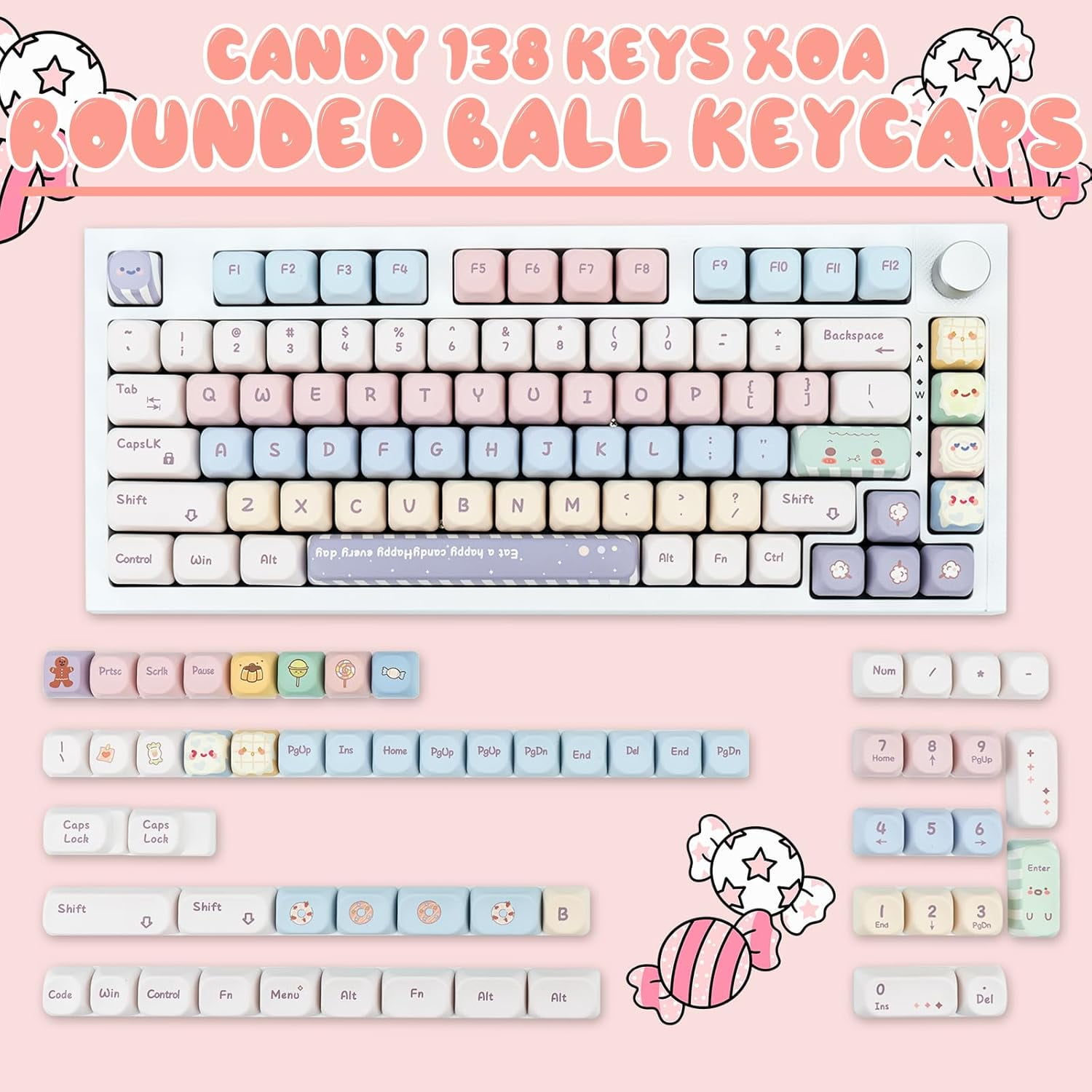 YUYAN-Candy Color PBT Keycaps Set MOA Profile Cute Round Keycaps 138 ...