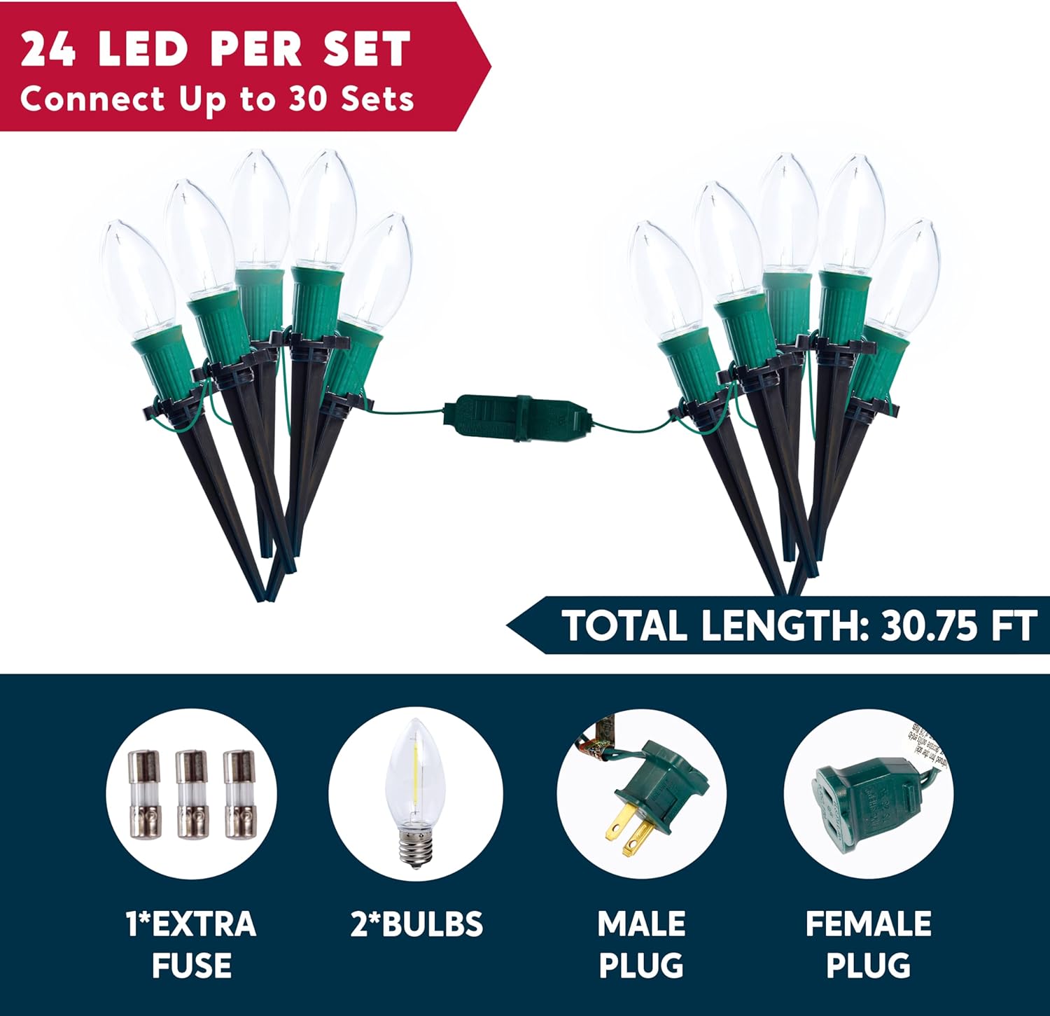 YUYAN-Christmas C9 Pathway Lights Outdoor Decorations 24 Packs, 30.75ft ...