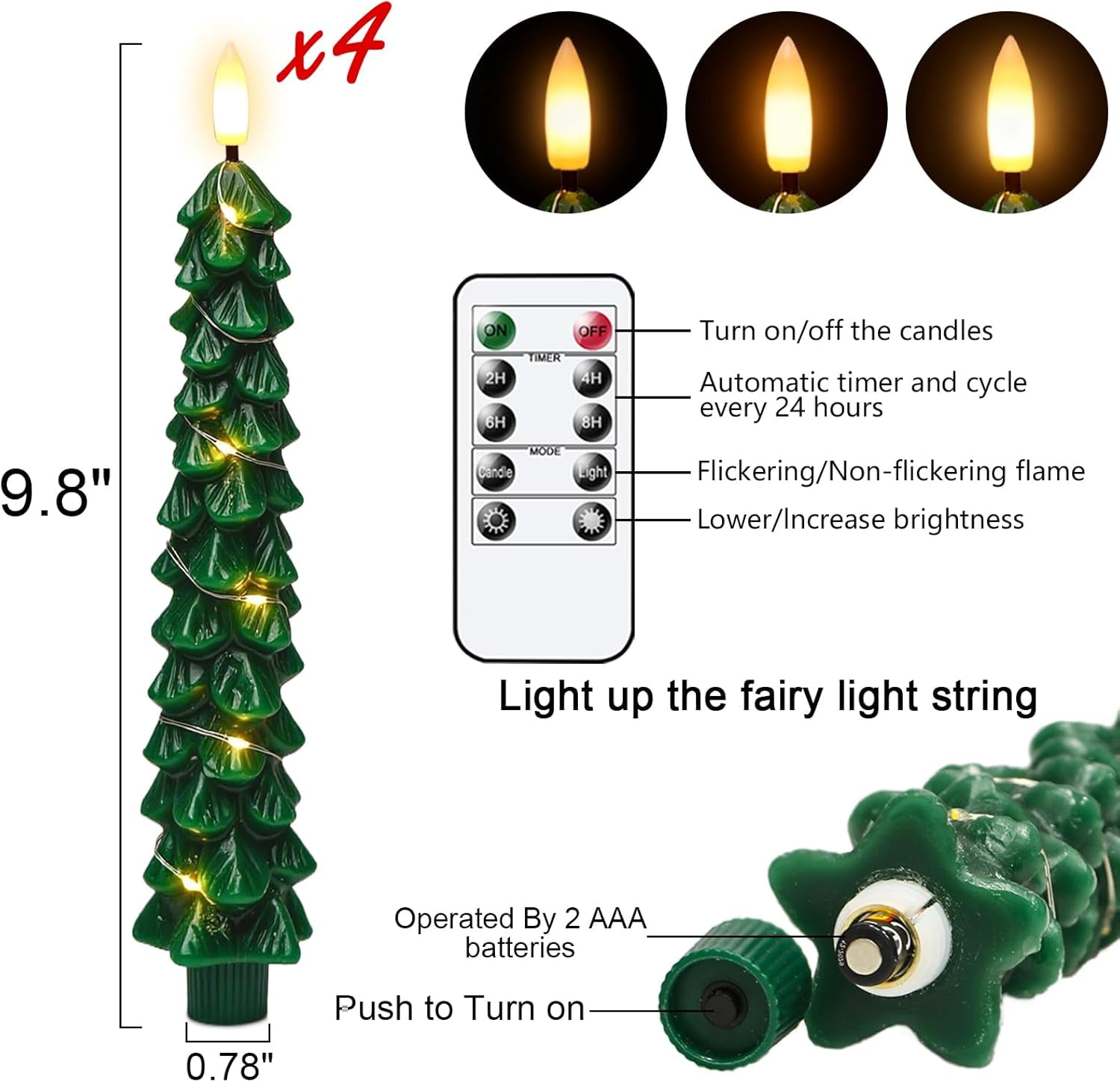 YUYAN-Christmas Tree Candles with Remote Timer, 4 Pcs Waxy Flameless ...