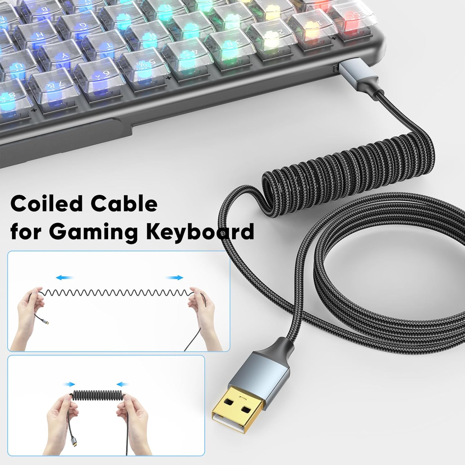 YUYAN-Coiled Keyboard Cable 5FT/1.5M for Gaming, Mechanical Keyboard ...