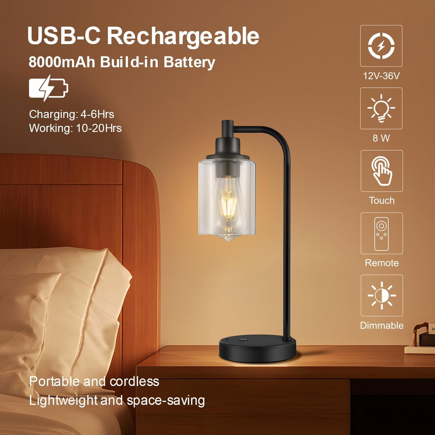 YUYAN-Cordless Table Lamp Rechargeable, 8000mAh Battery Operated Table ...
