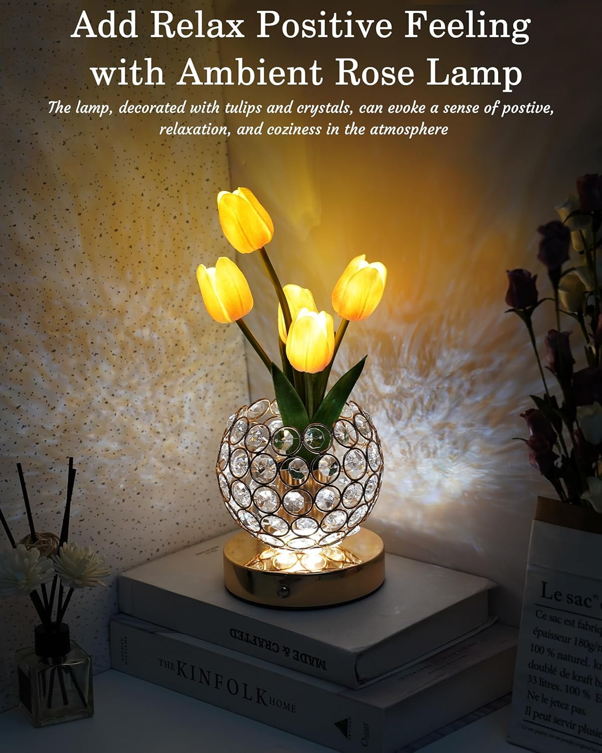 YUYAN-Cordless Tulip Flower Lamp, Adjutable Touch Dimming Crystal Night ...