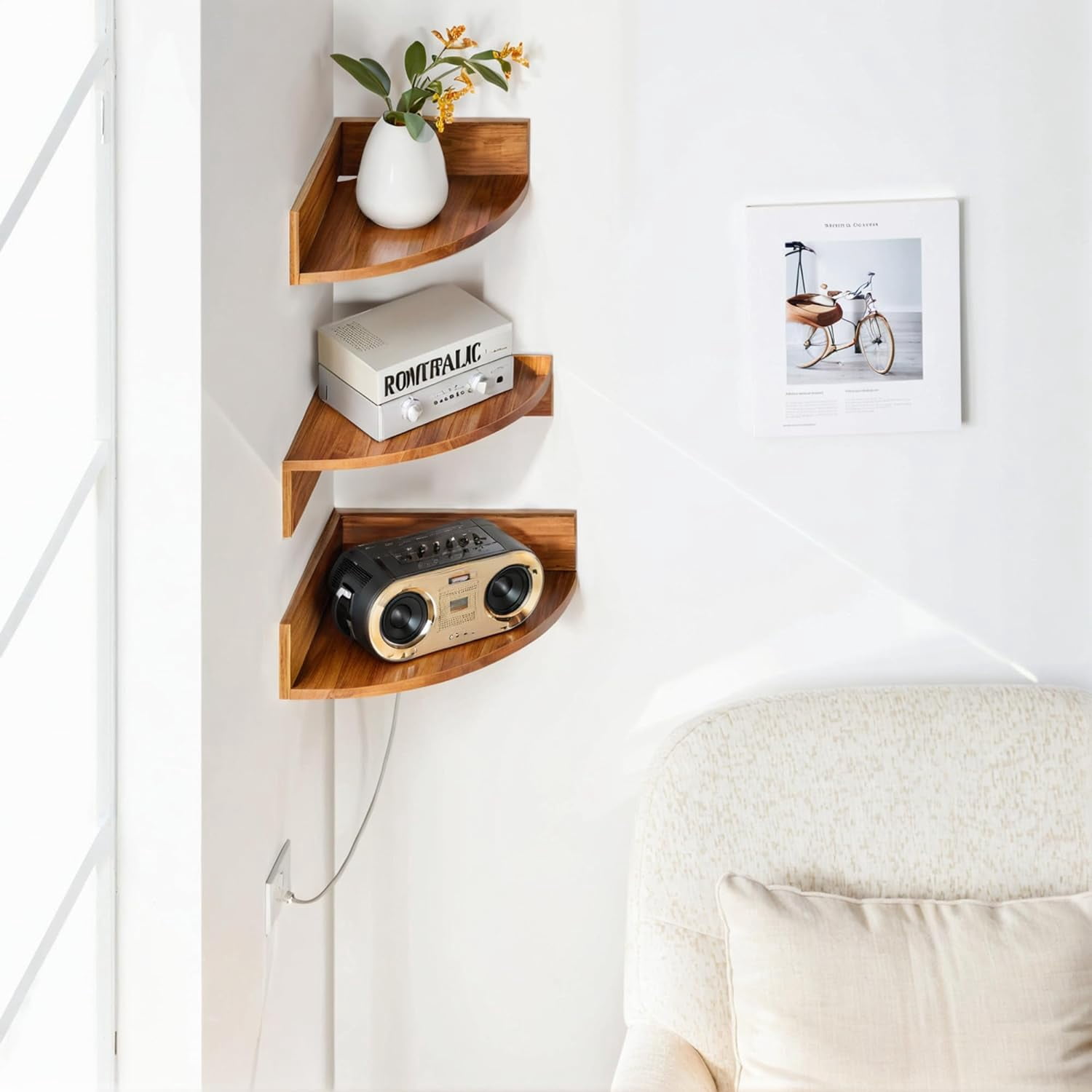 YUYAN-Corner Shelf Wall Mount Set of 3, Solid Acacia Wood Round ...