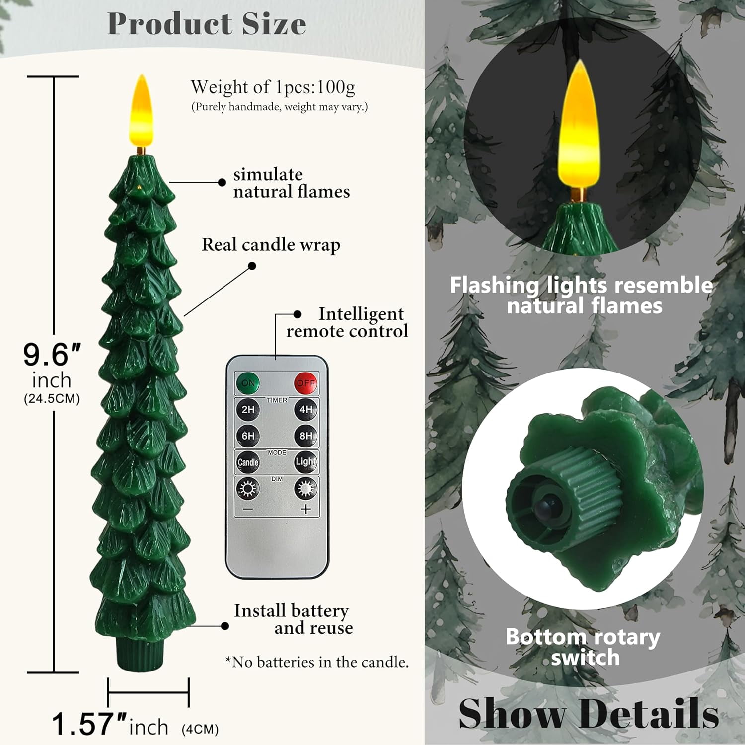 YUYAN-Dark Green Christmas Trees Flickering Flameless Candles with ...