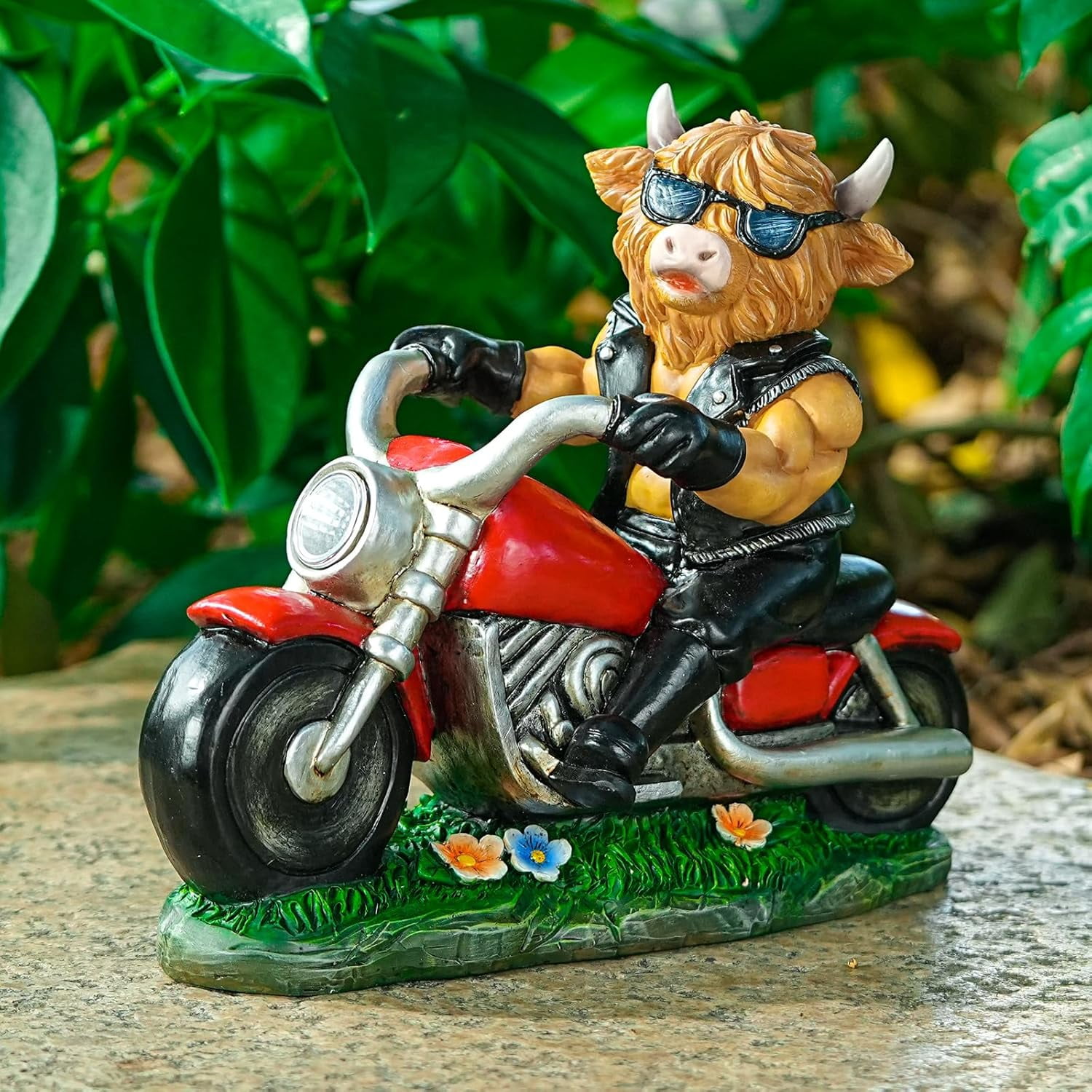 YUYAN-Decorative Highland Cow on Motorcycle Statue with LED Headlight ...