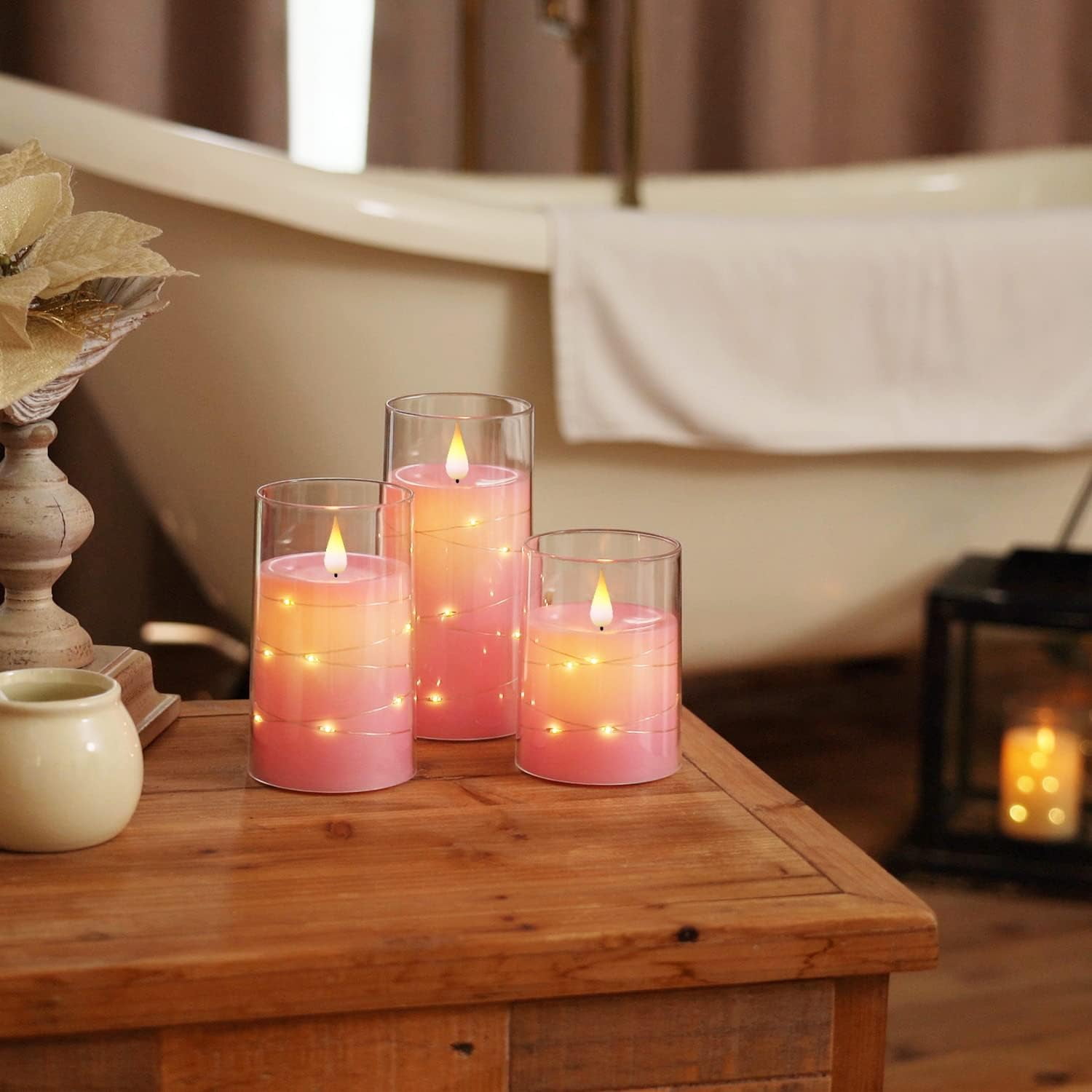 YUYAN-Flickering Flameless Candles with String Lights, Battery Operated ...