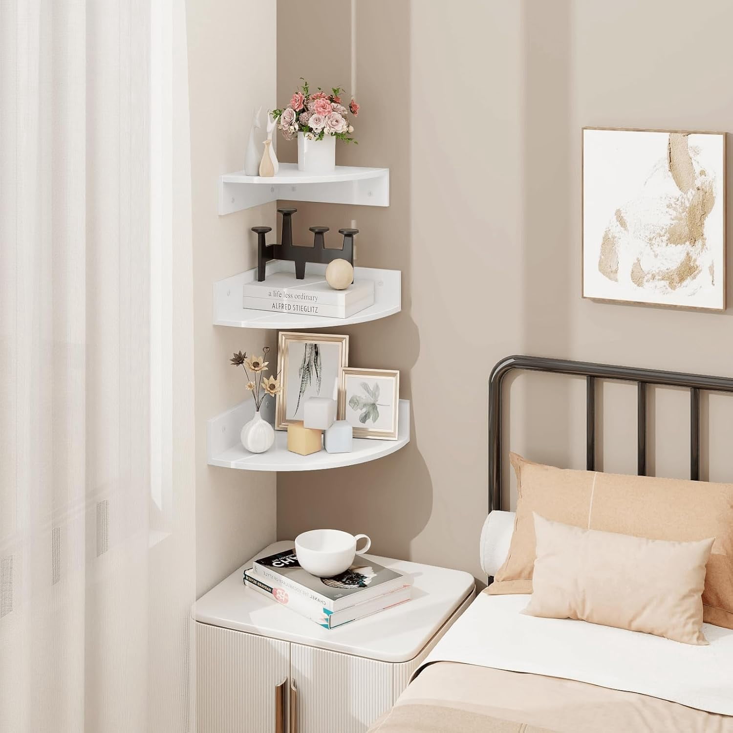 YUYAN-Floating Corner Shelves, Set of 3 Wood Corner Wall Shelves with ...