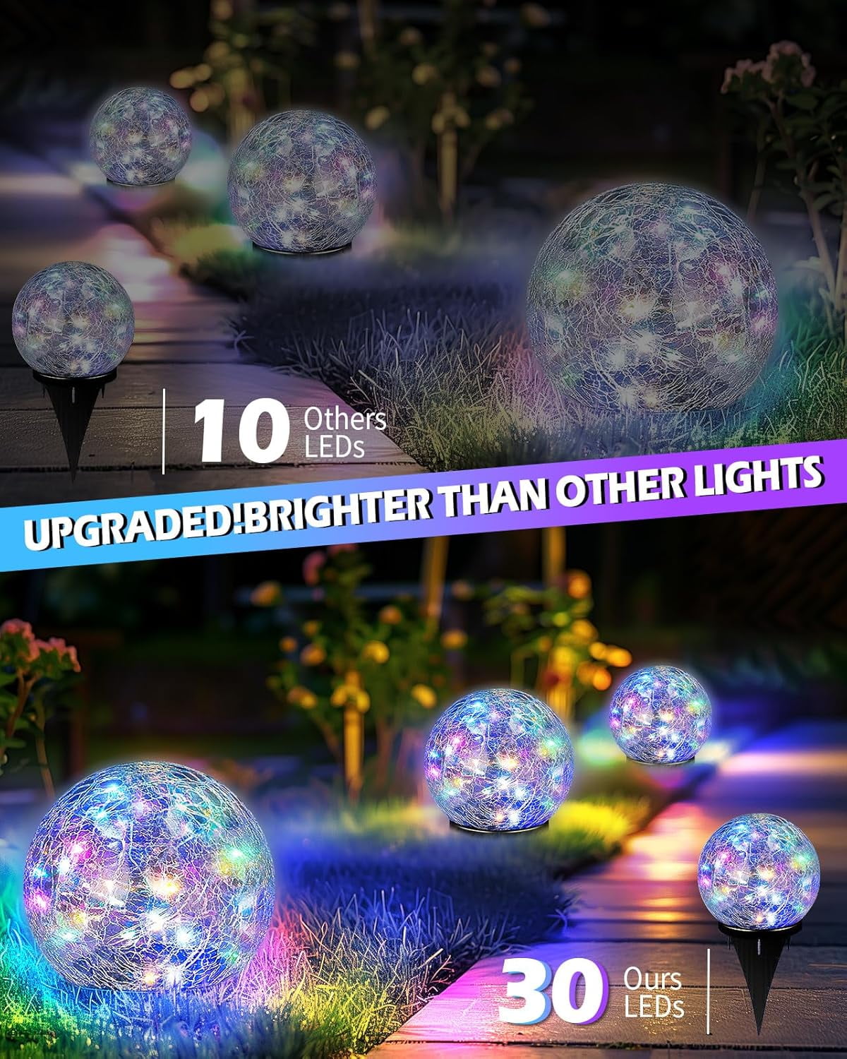 YUYAN-Garden Solar Ball Lights Outdoor Waterproof, 30 LED Cracked Glass ...