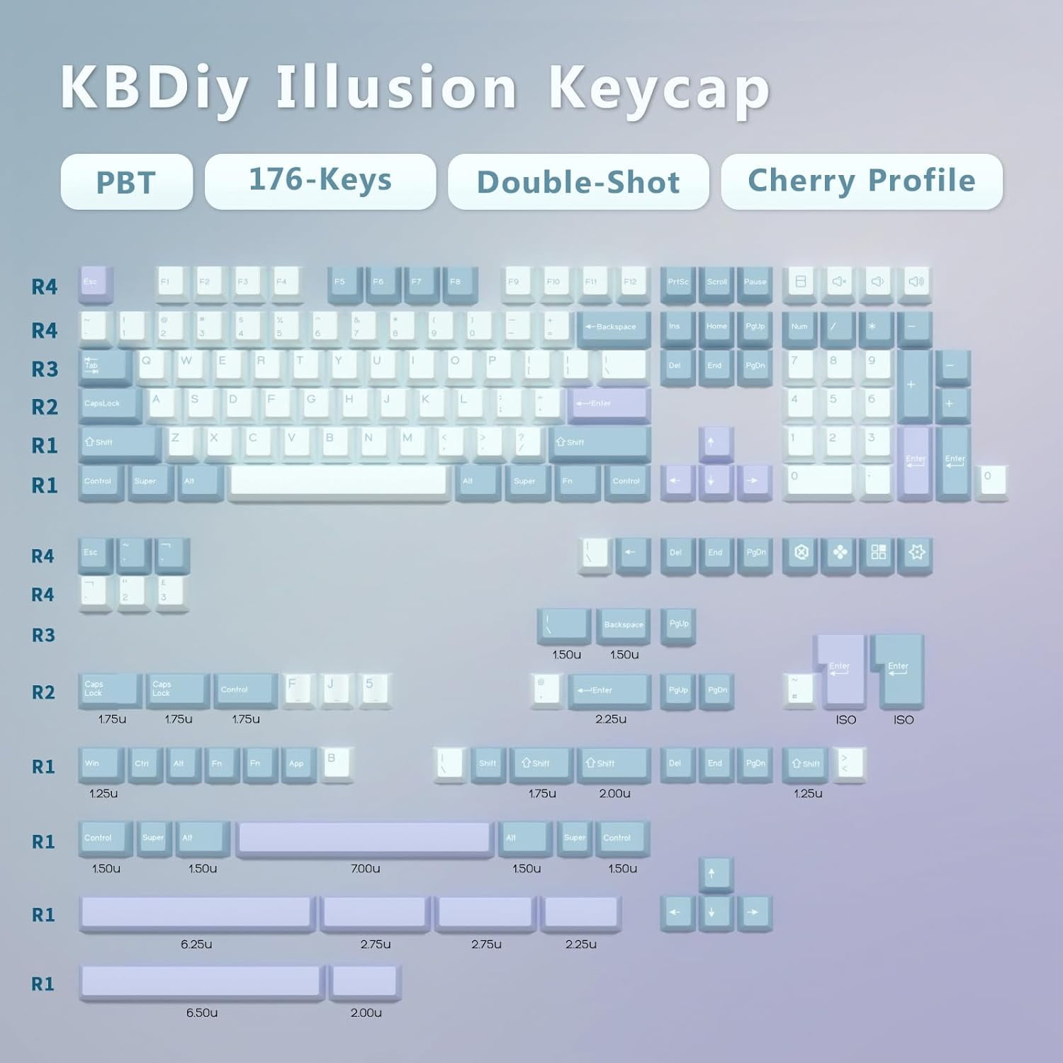 YUYAN-Illusion PBT Double Shot Keycap Set,176 Keys Cute Blue Custom Key ...