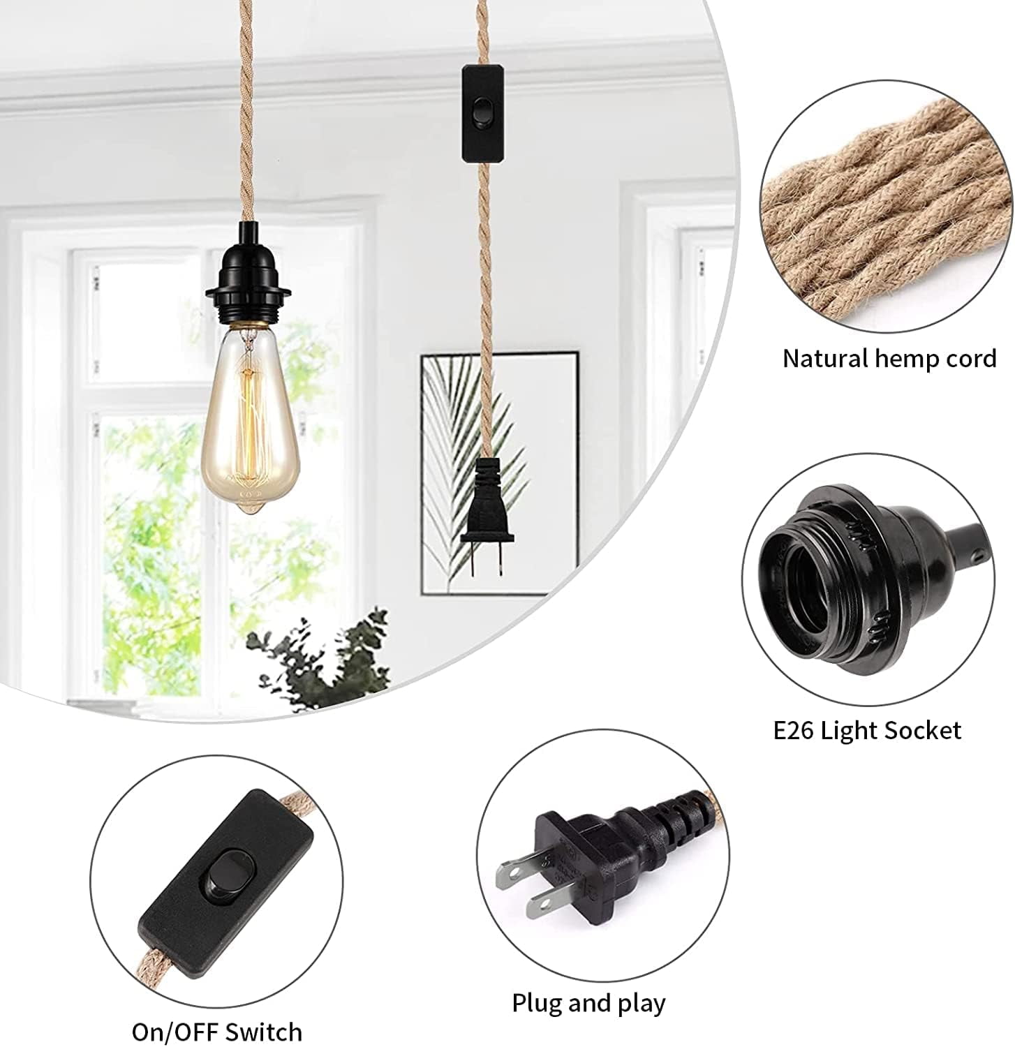 YUYAN-Industrial Hanging Light with Plug in Cord - Hemp Rope On/Off ...