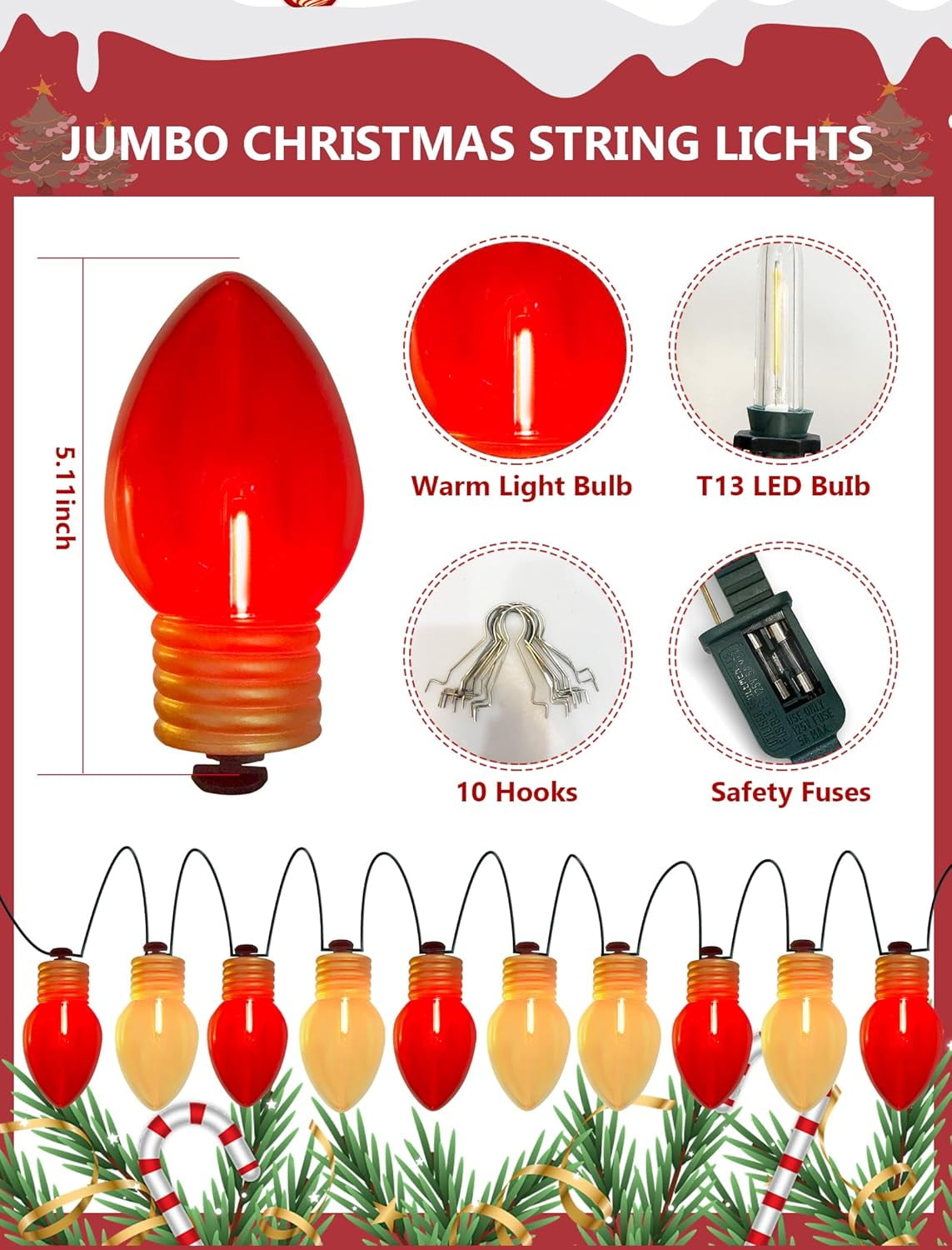 YUYAN-Jumbo Christmas String Lights Outdoor, 16Ft Extra Large Christmas ...