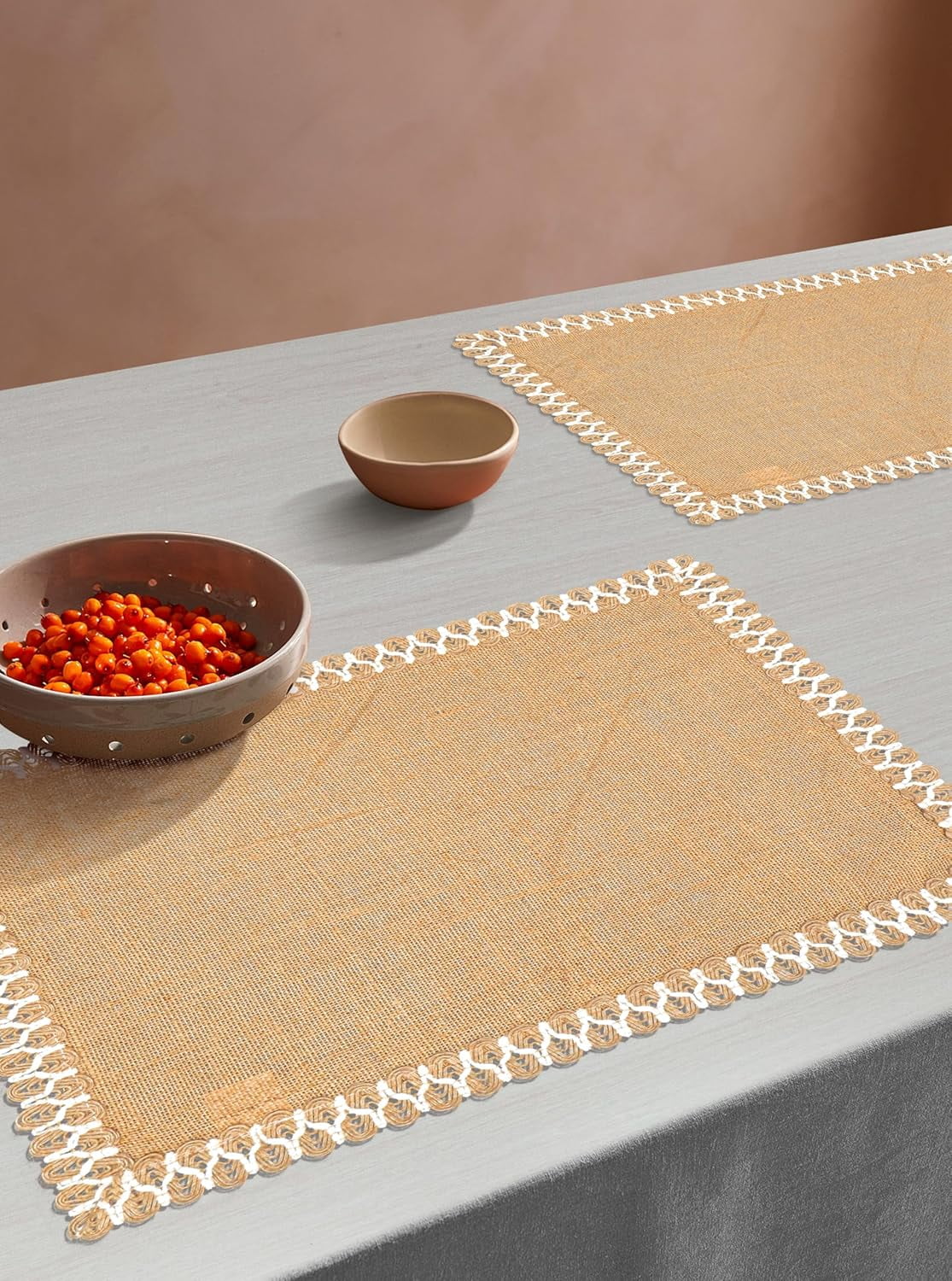 YUYAN-Jute Burlap Placemat 14x14 Inches - Natural, Lace Design Edges ...