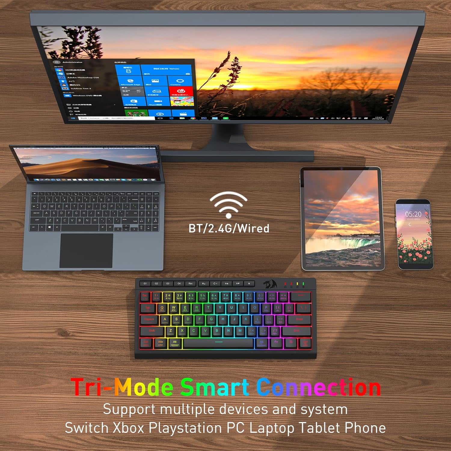 YUYAN-K522 PRO 60% Wireless RGB Membrane Gaming Keyboard, 3 Mode ...
