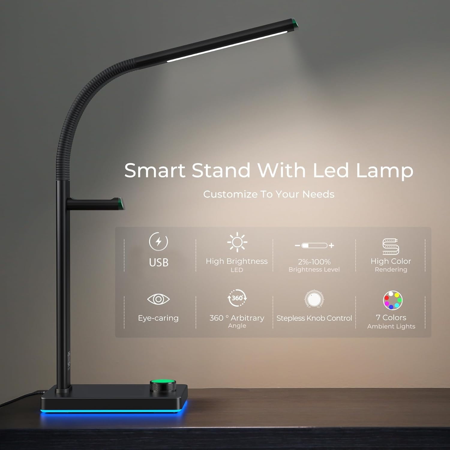 YUYAN-LED Desk Lamp with Eye-Caring Light, USB Ports, 7 Color Modes, Flexible Gooseneck ...