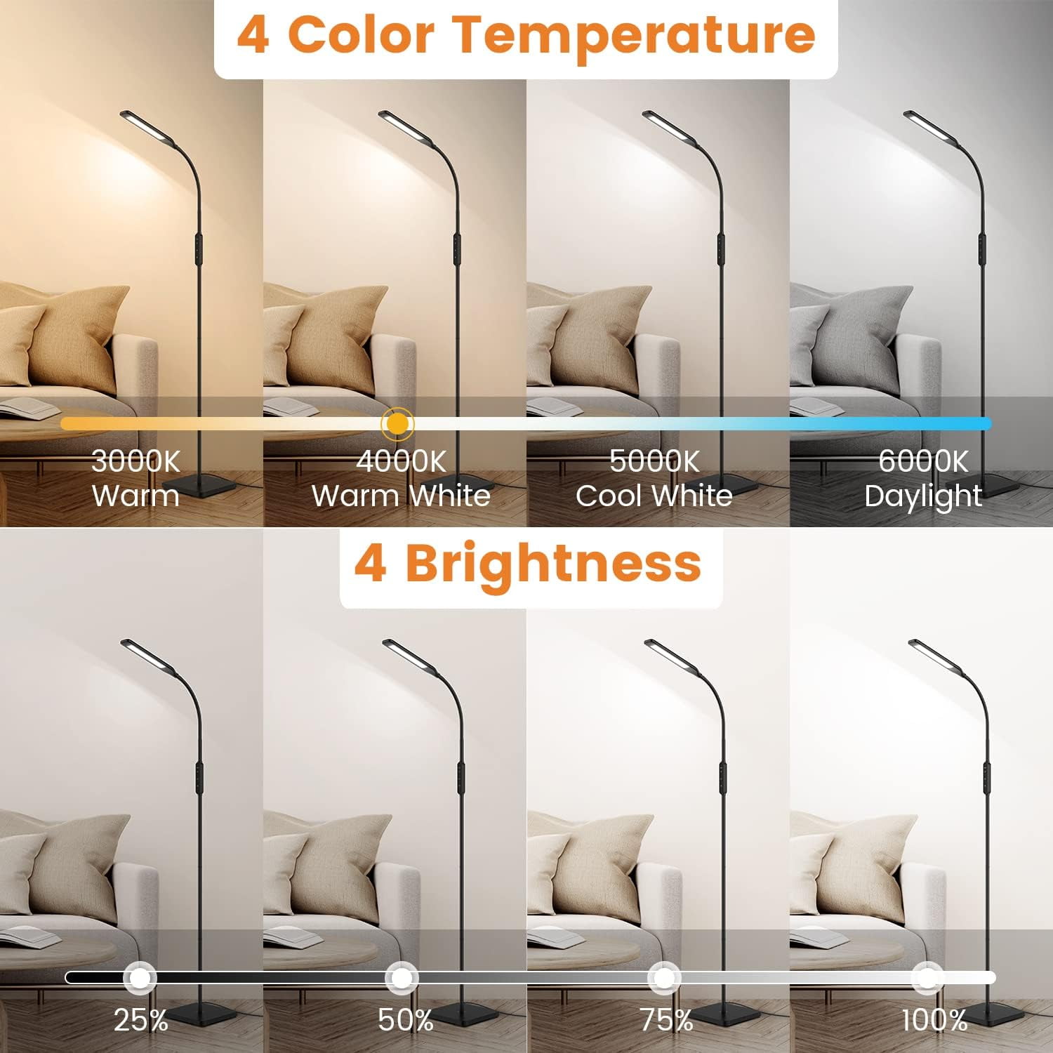 YUYAN-LED Floor Lamp, Reading Lamp with 3000K-6000K & 4 Brightness ...