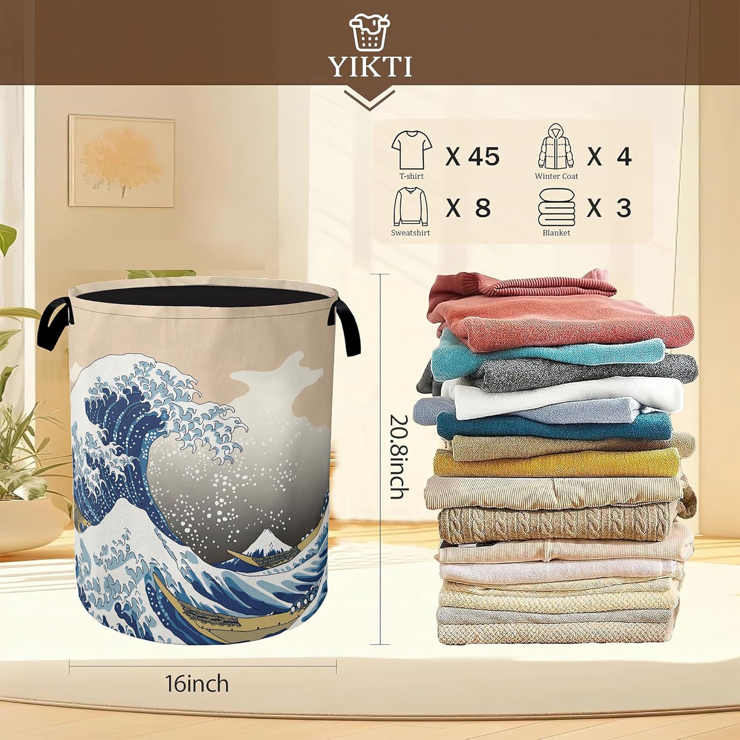 YUYAN-Laundry Hamper,Vintage Sea Wave Laundry Basket,Japanese Portable ...