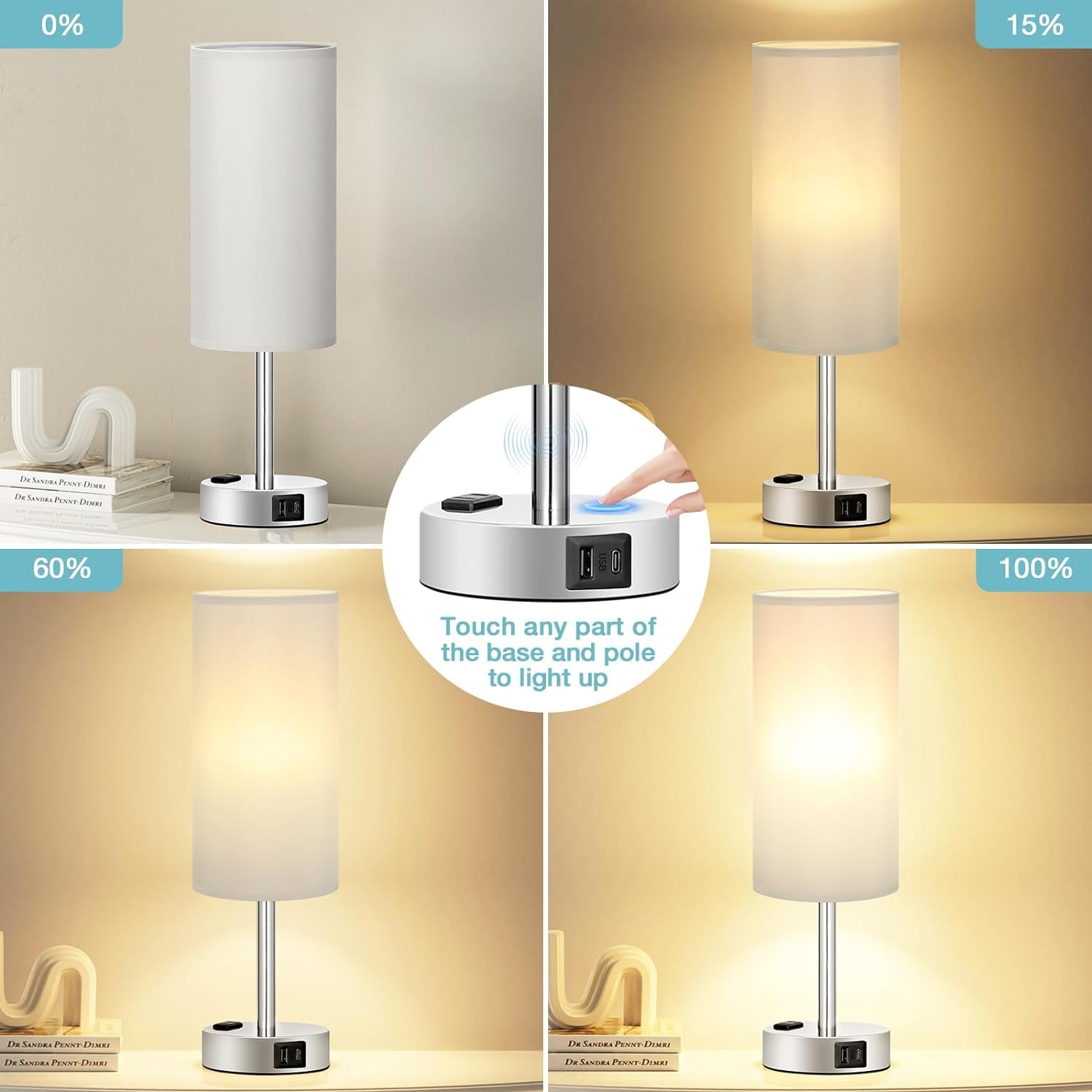 YUYAN-Light Grey Table Lamp for Nightstand - 3 Way Dimmable Touch ...