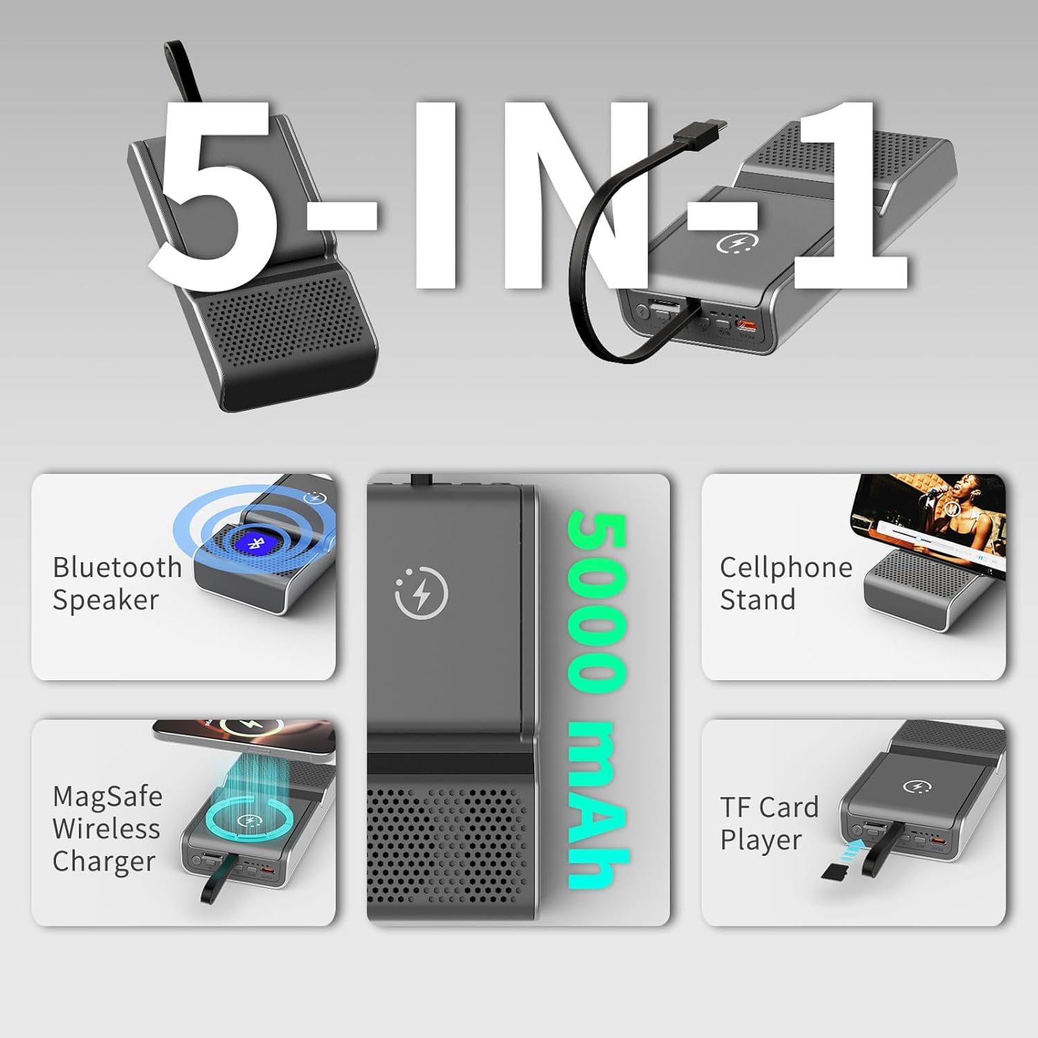 YUYAN-Magnetic Power Bank with Speaker/ 5000mAh/ Foldable Phone Stand/Type-C Fast Charge 22.5W ...