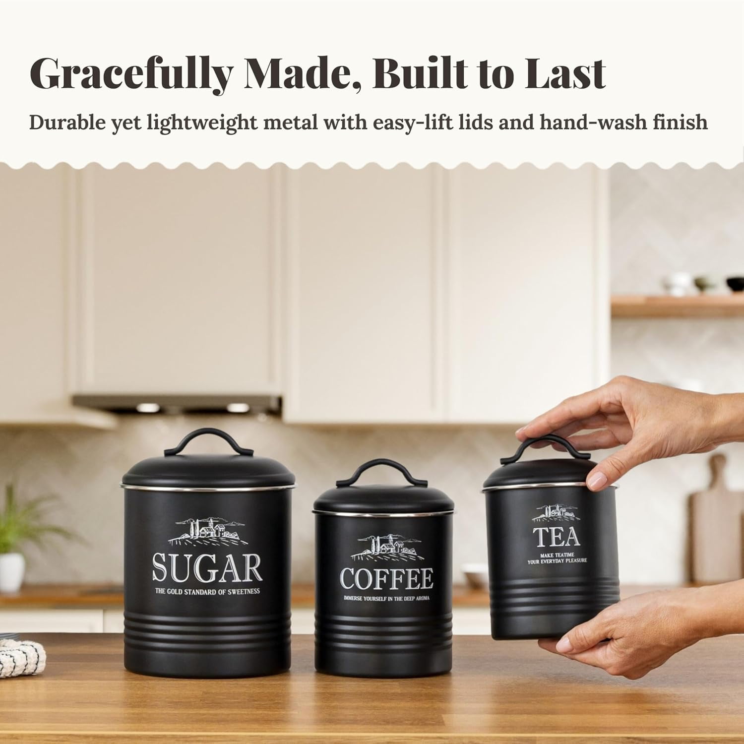 YUYAN-Matte Black Kitchen Canisters for Countertop - Set of 3 ...