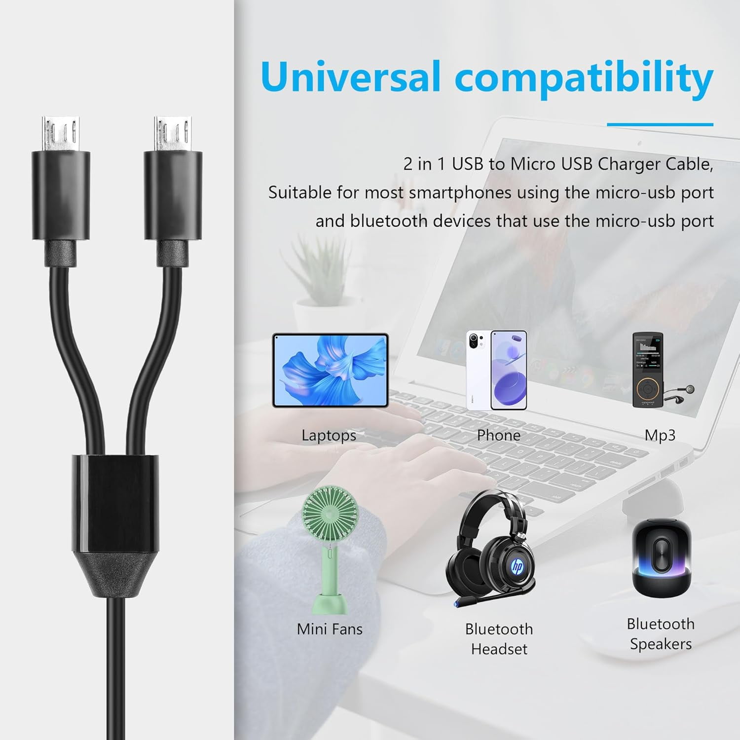 YUYAN-Micro USB Multi Charging Cable, 3FT USB 2.0 Type A Male to 2 ...