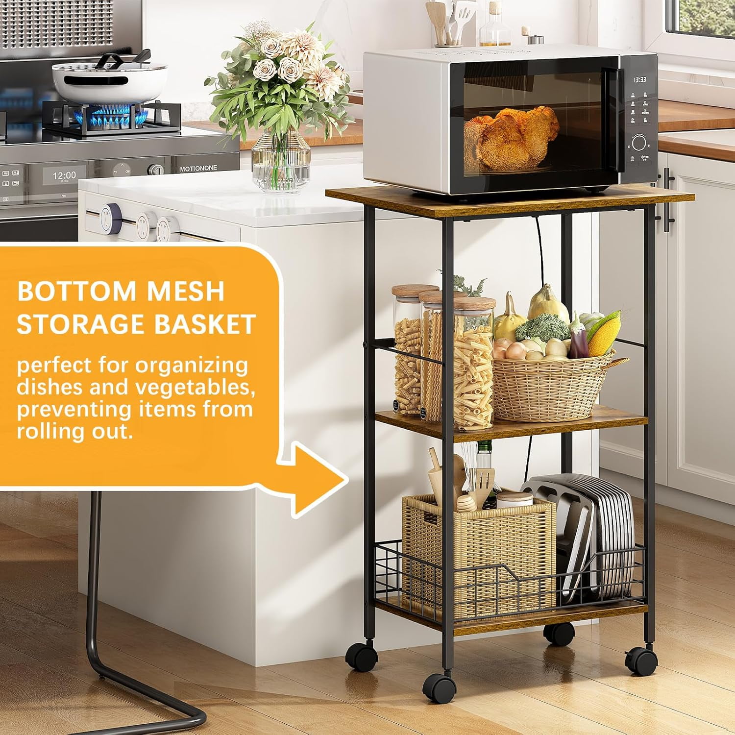 YUYAN-Microwave Cart with Storage, 3-Tier Rolling Kitchen Stand with ...