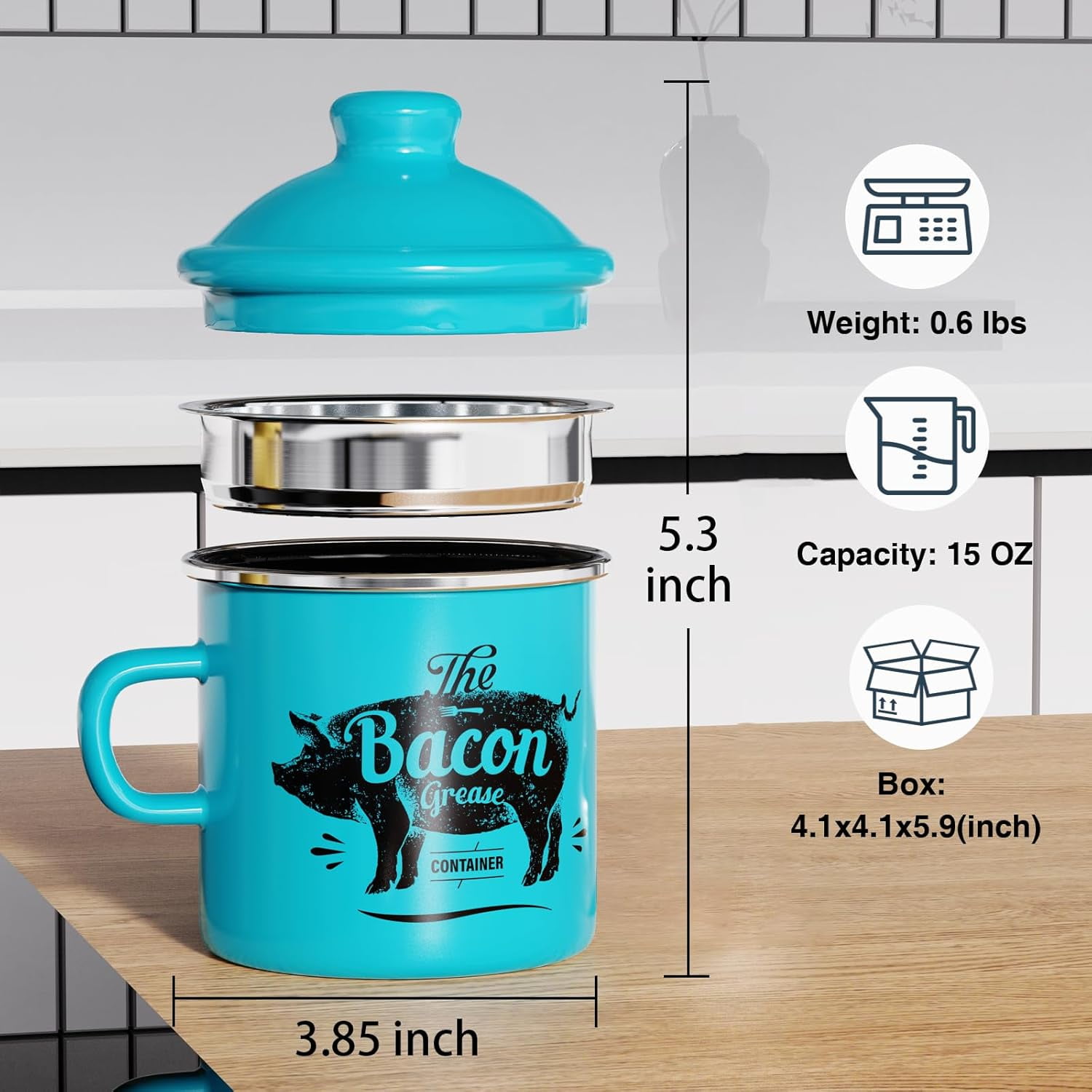 YUYAN-Mini Bacon Grease Container With Strainer - 15OZ Enamel Grease ...