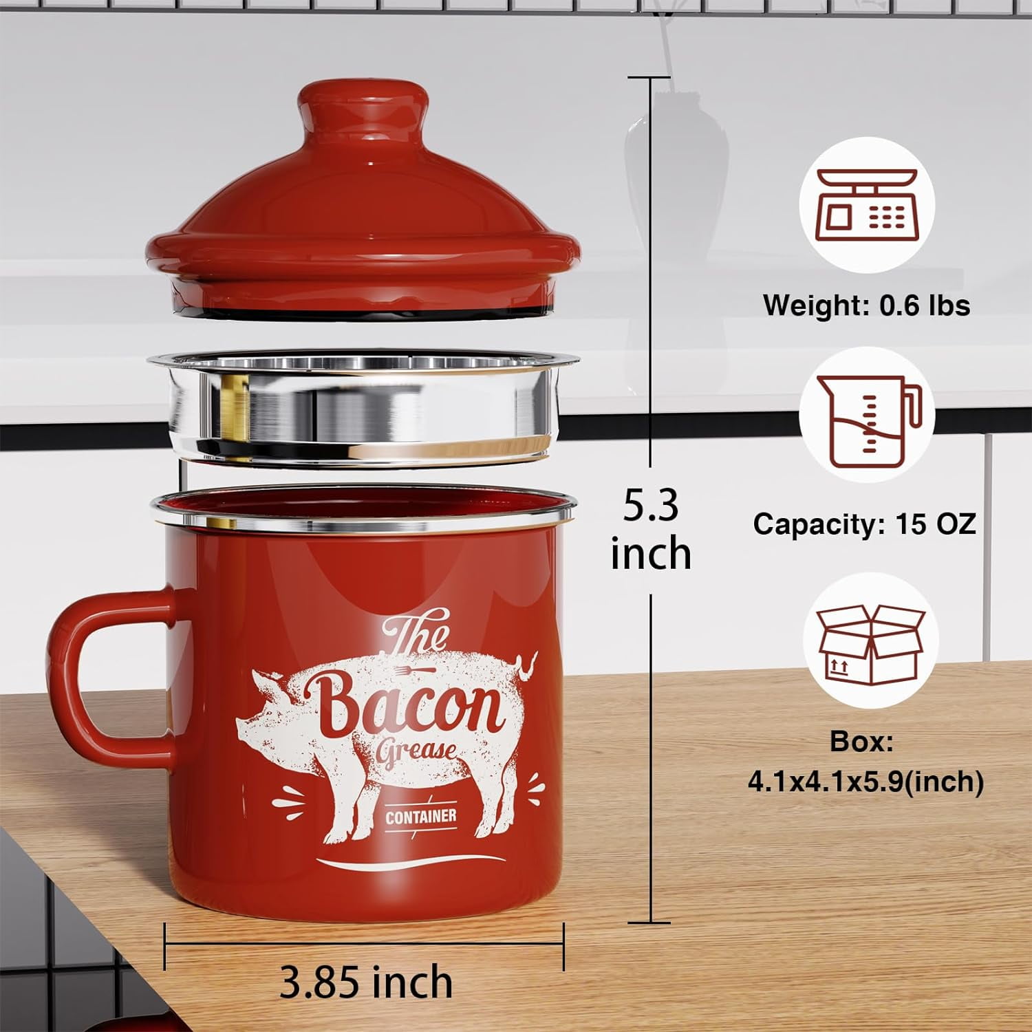 YUYAN-Mini Bacon Grease Container With Strainer - 15OZ Enamel Grease ...