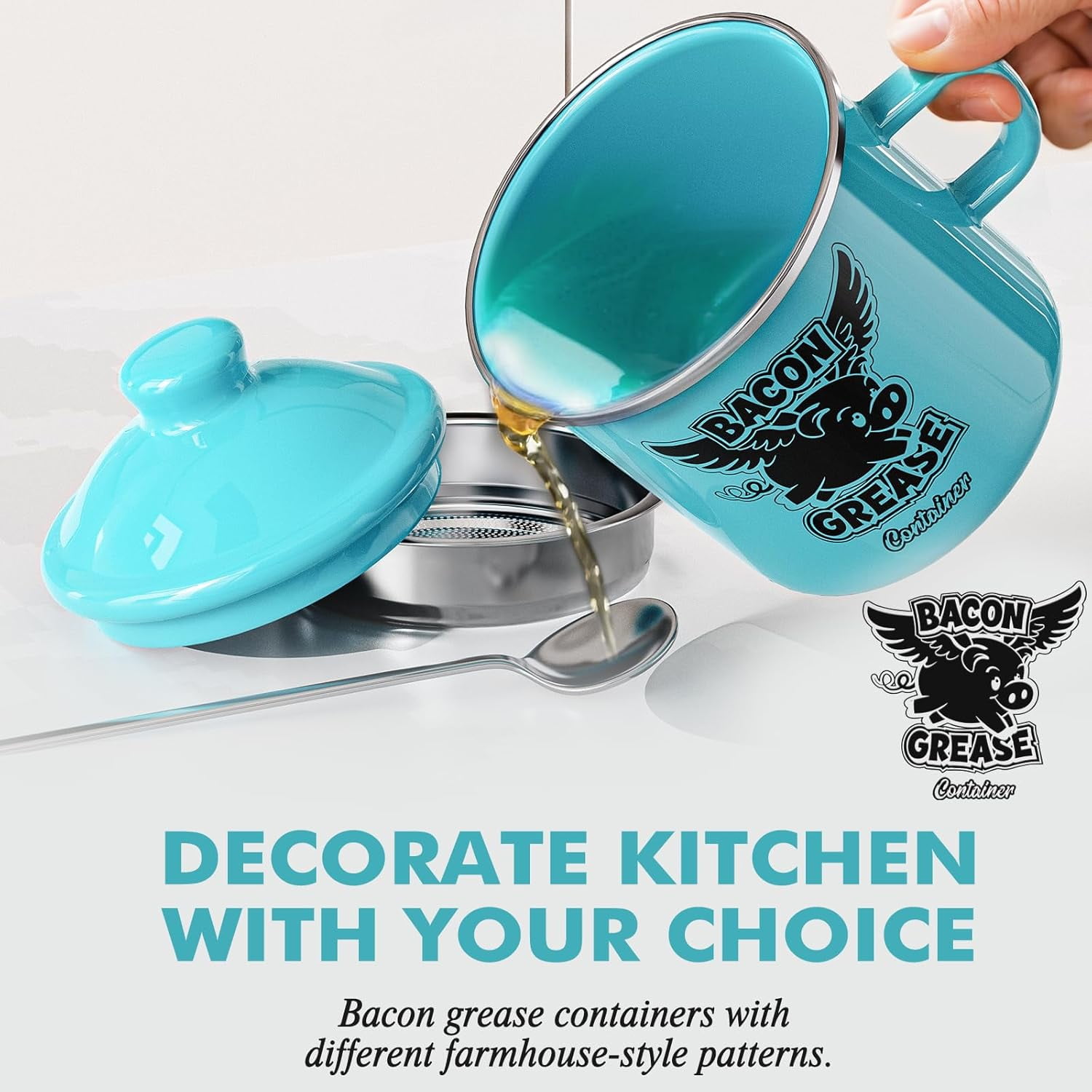 YUYAN-Mini Bacon Grease Container With Strainer - 15OZ Farmhouse Enamel ...