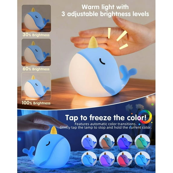 YUYAN-Narwhal Night Light with Whale Shape, Squishy Silicone Kids Lamp ...