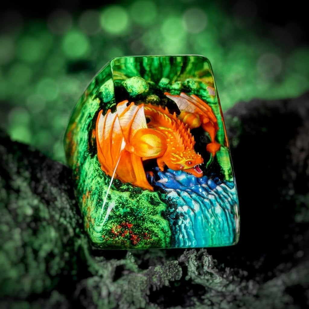 YUYAN-Orange Dragon with Waterfall Artisan Keycap R1 SA Profile Custom ...