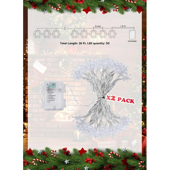 YUYAN-Ourdoor Snowflakes String Lights, 50 LED 26 Ft Snowflake Christmas Lights, 8 Lighting ...