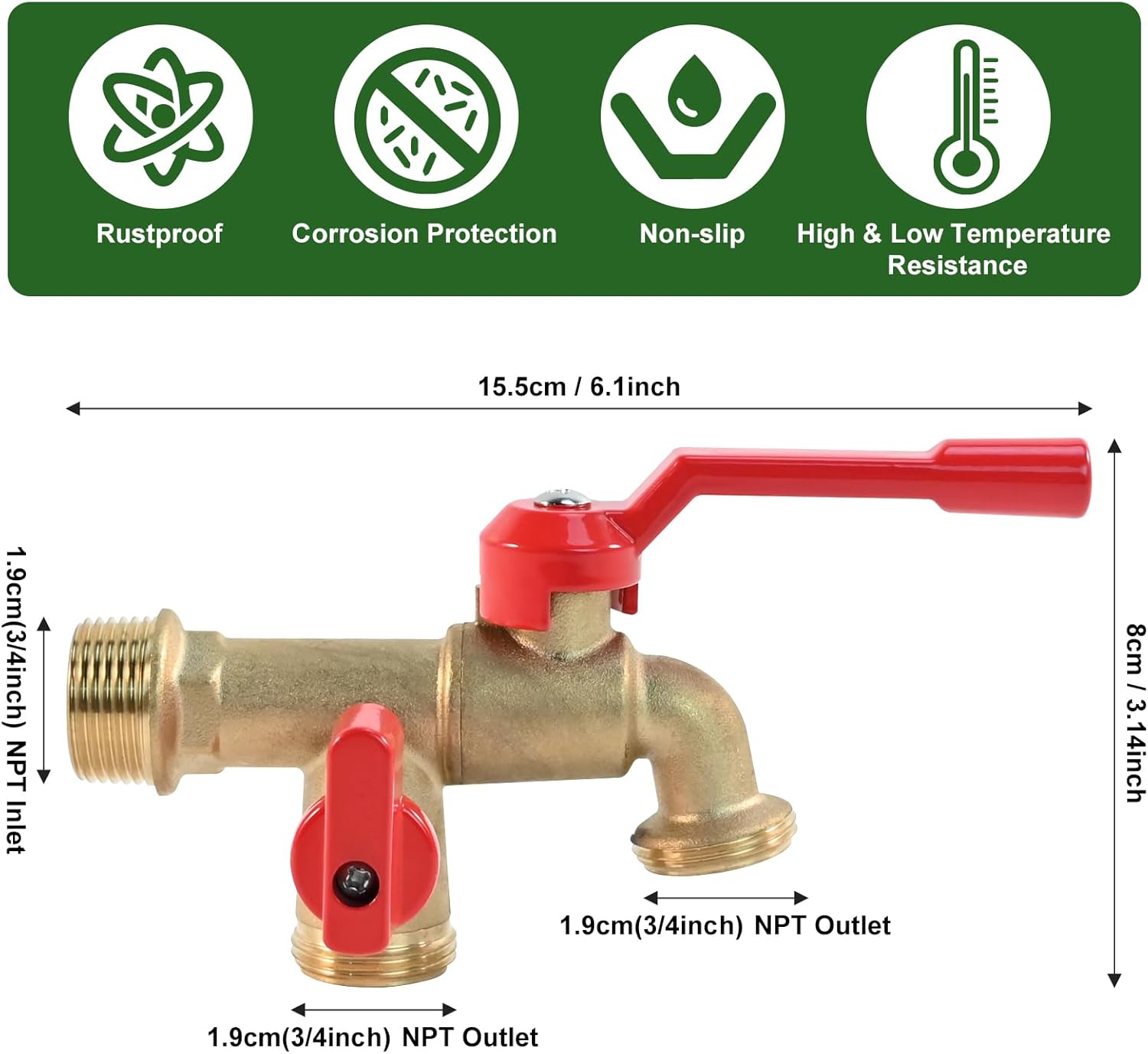 YUYAN-Outdoor Double Taps Water Faucet, Garden Hose Splitter 2 Way, 3/4 ...
