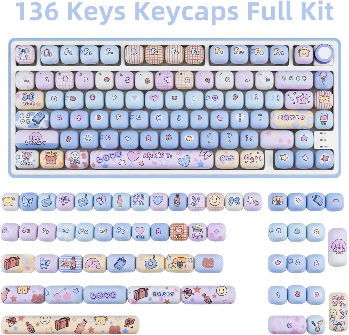 YUYAN-PBT Keycaps 136 Keys Cute Keycaps Dye-Sublimation Kawaii Blue ...