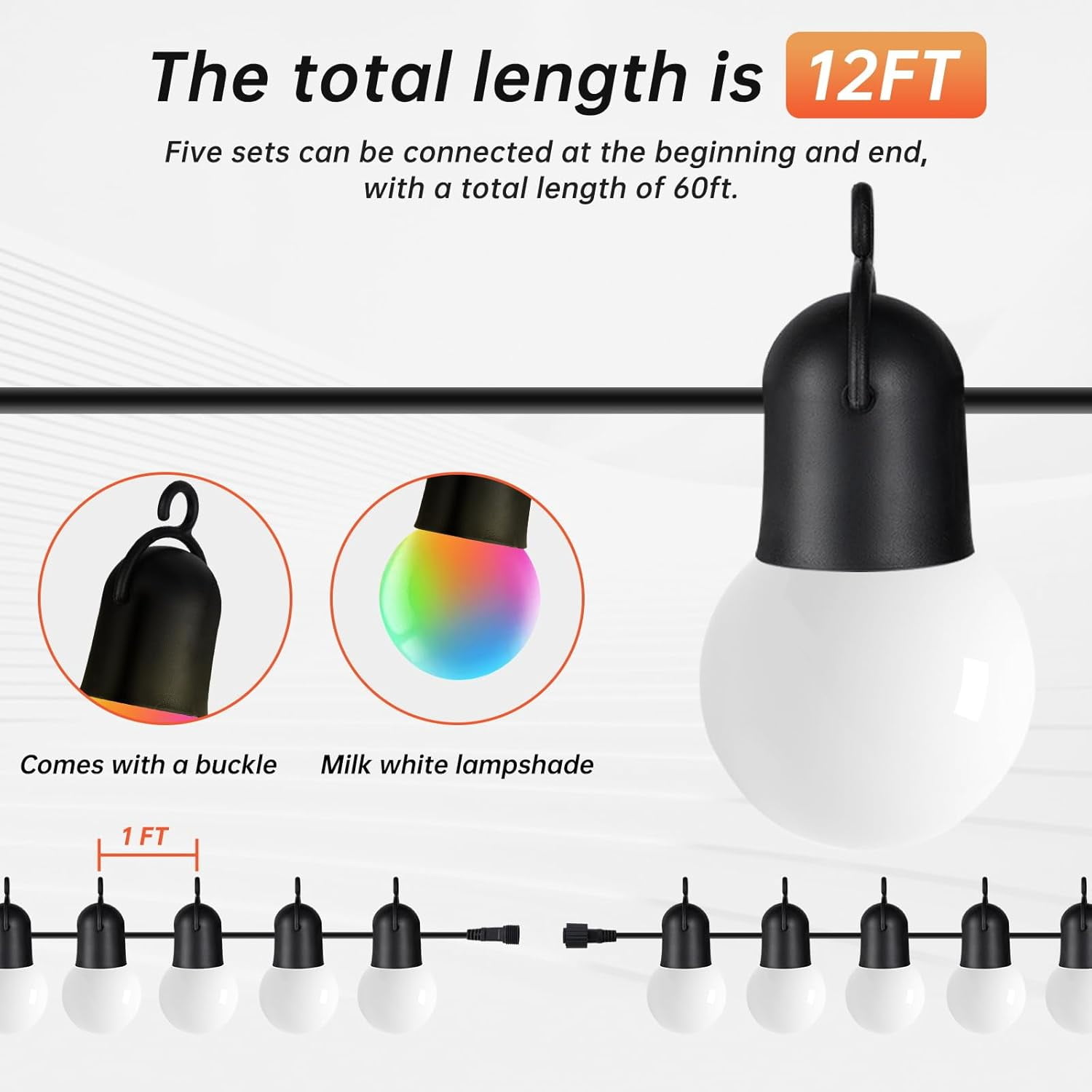 YUYAN-RGB Outdoor String Light, 12ft LED Terrace Light with Remote ...